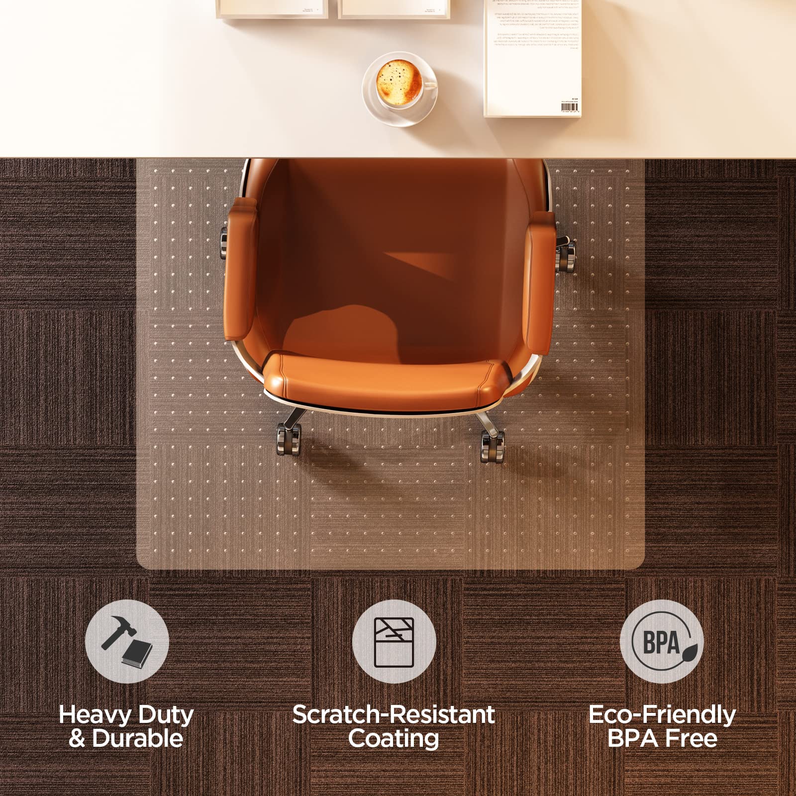 Office Chair Mat for Carpet with Lip, 48"X36" 2.2mm Thick, Desk Chair Mat with Studs for Low, Standard, and No Pile Carpeted Floors, Easy Flat and Glide, Transparent and Sturdy