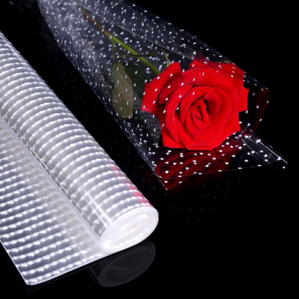 NatureMan 50 sheets Clear Cellophane flower wrapping paper,waterproof Clear Wrap Cellophane,for Flower Gift Baskets Wrap (White star)