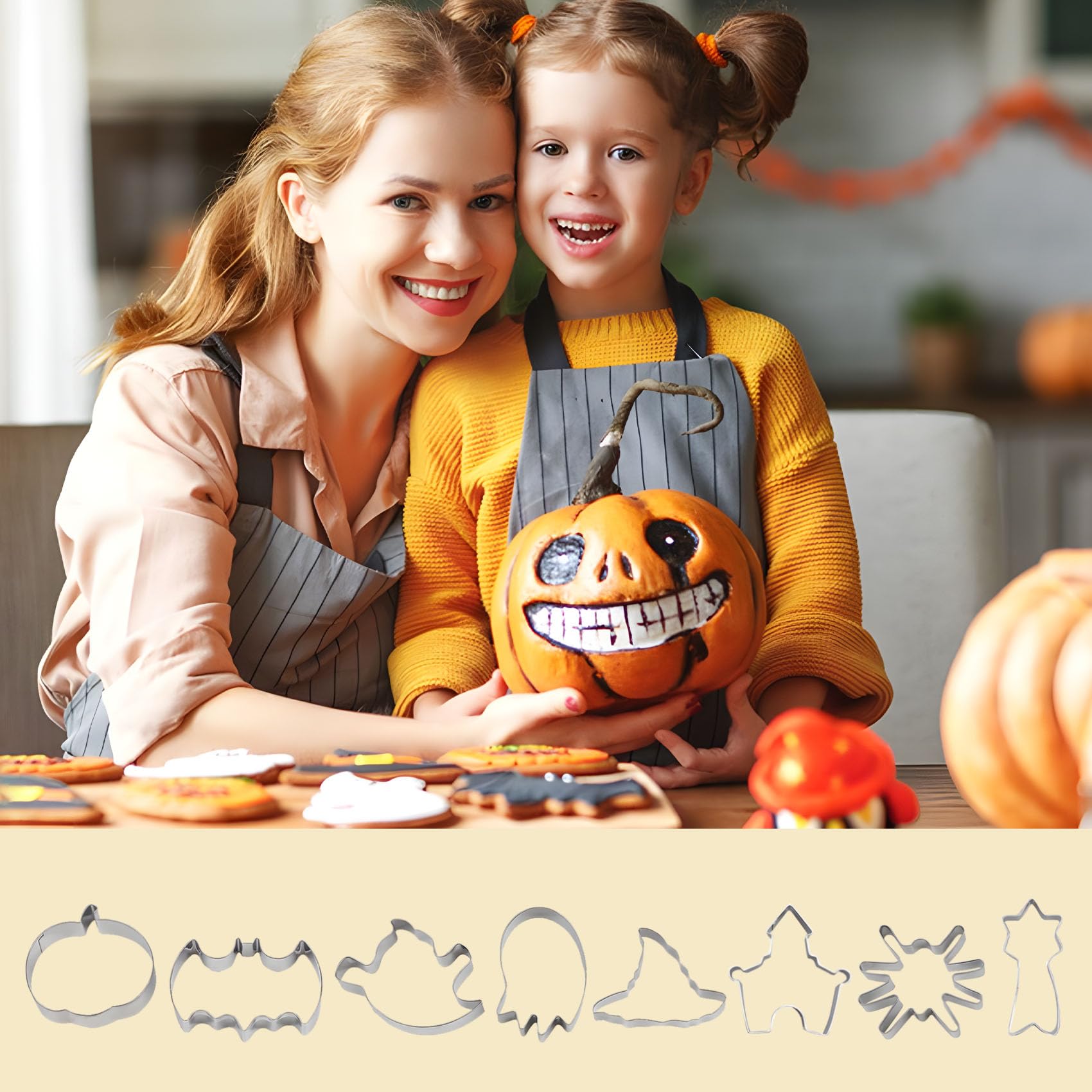 Nunnik Halloween Cookie Cutters 8 Pcs Stainless Steel Metal Cookie Cutter Set Holiday Cookie Cutters Shapes for Baking - Witch's Hat, Pumpkin, Ghost, Bat, Spidder, Star, Haunted House