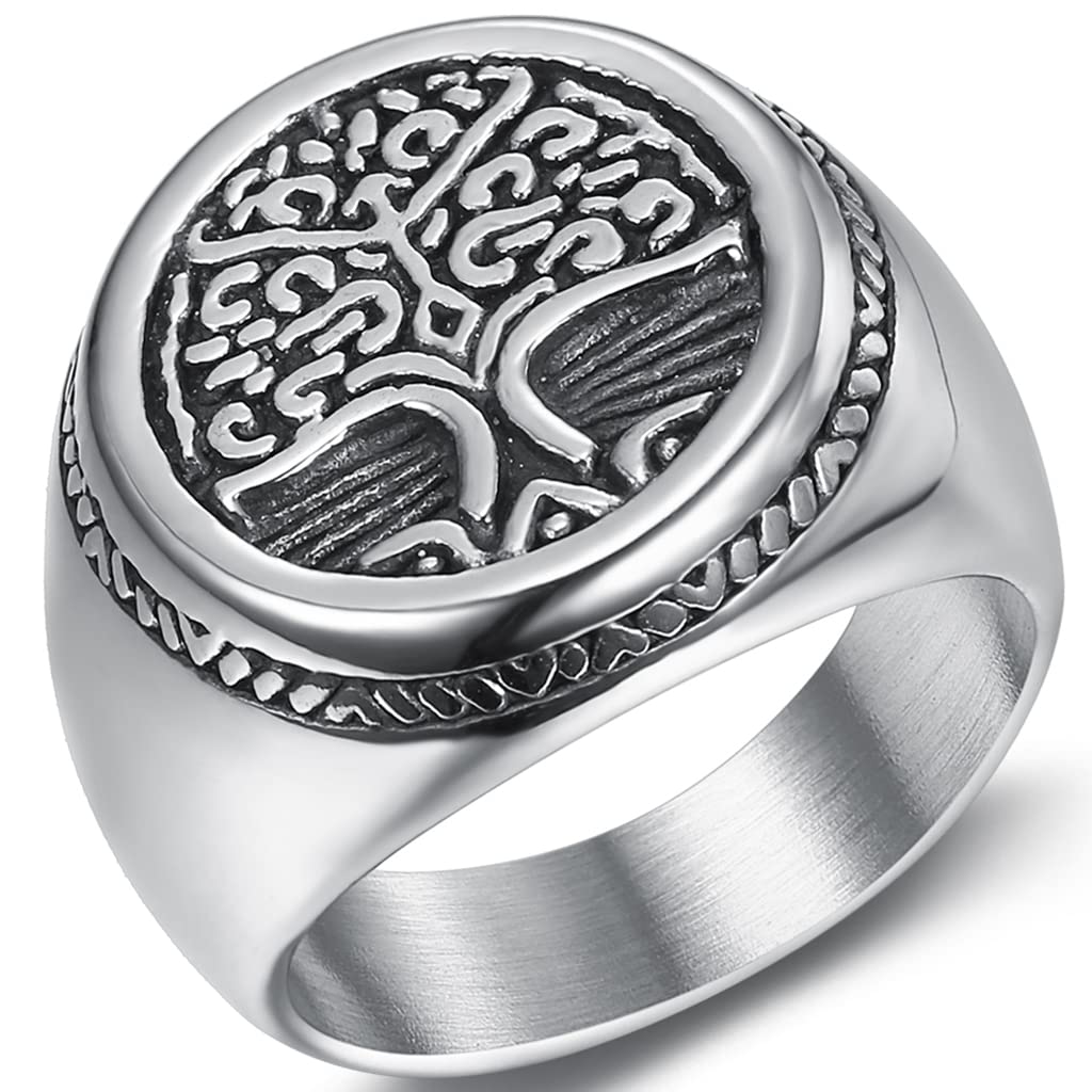 Stainless Steel Vintage Retro Antique Round Signet Tree of Life Pattern Wedding Statement Biker Ring (Silver, 14)