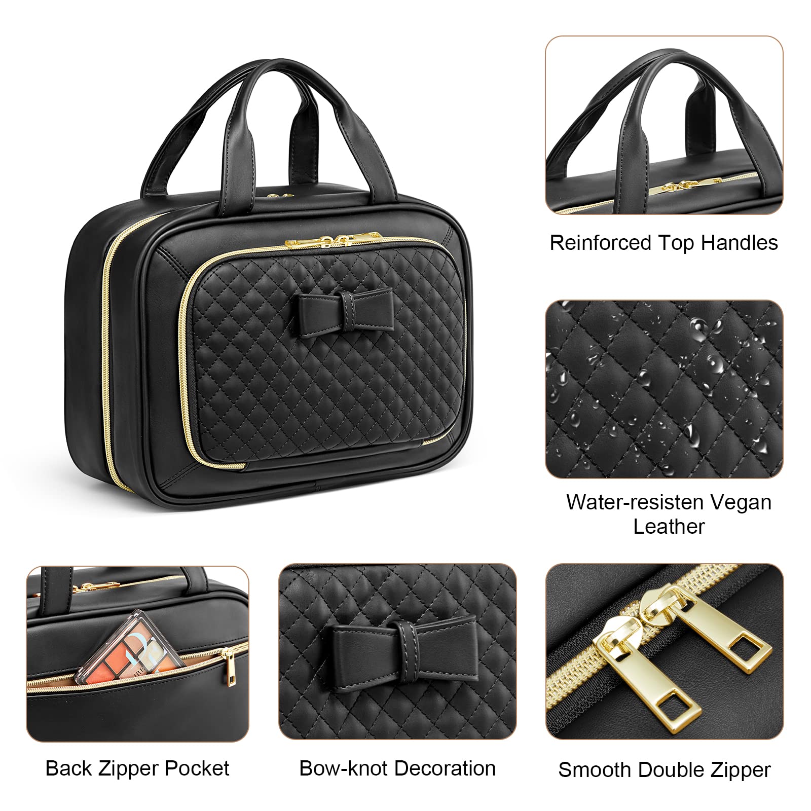 Newshows Leather Travel Toiletry Bag for Women with Jewelry Organizer Compartment, Large Makeup Cosmetic Bag with Hanging Hook, Travel Essentials, Full Sized Container