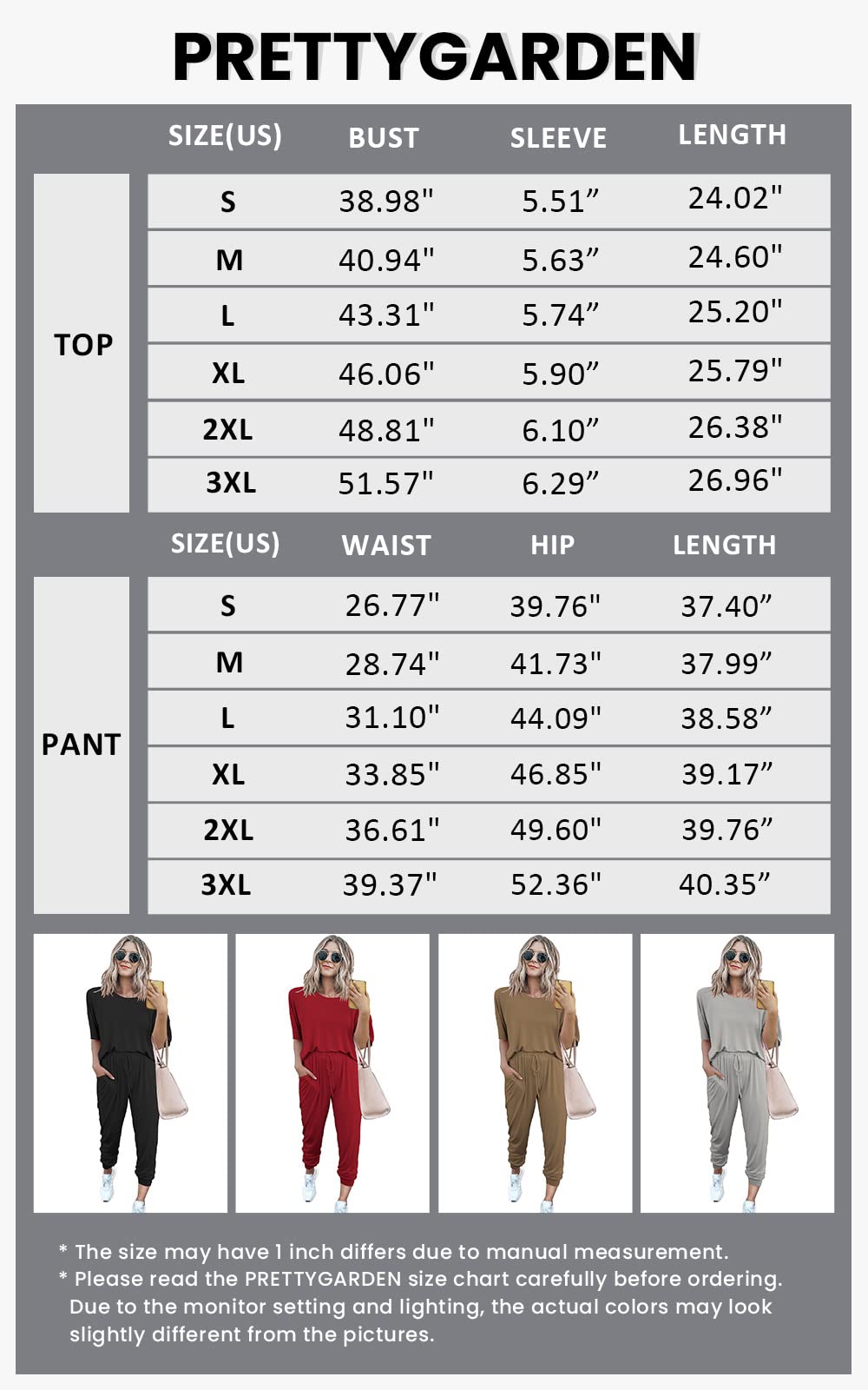 PRETTYGARDEN Women's Two Piece Outfit Short Sleeve Pullover with Drawstring Long Pants Tracksuit Jogger Set (A-black,Medium)