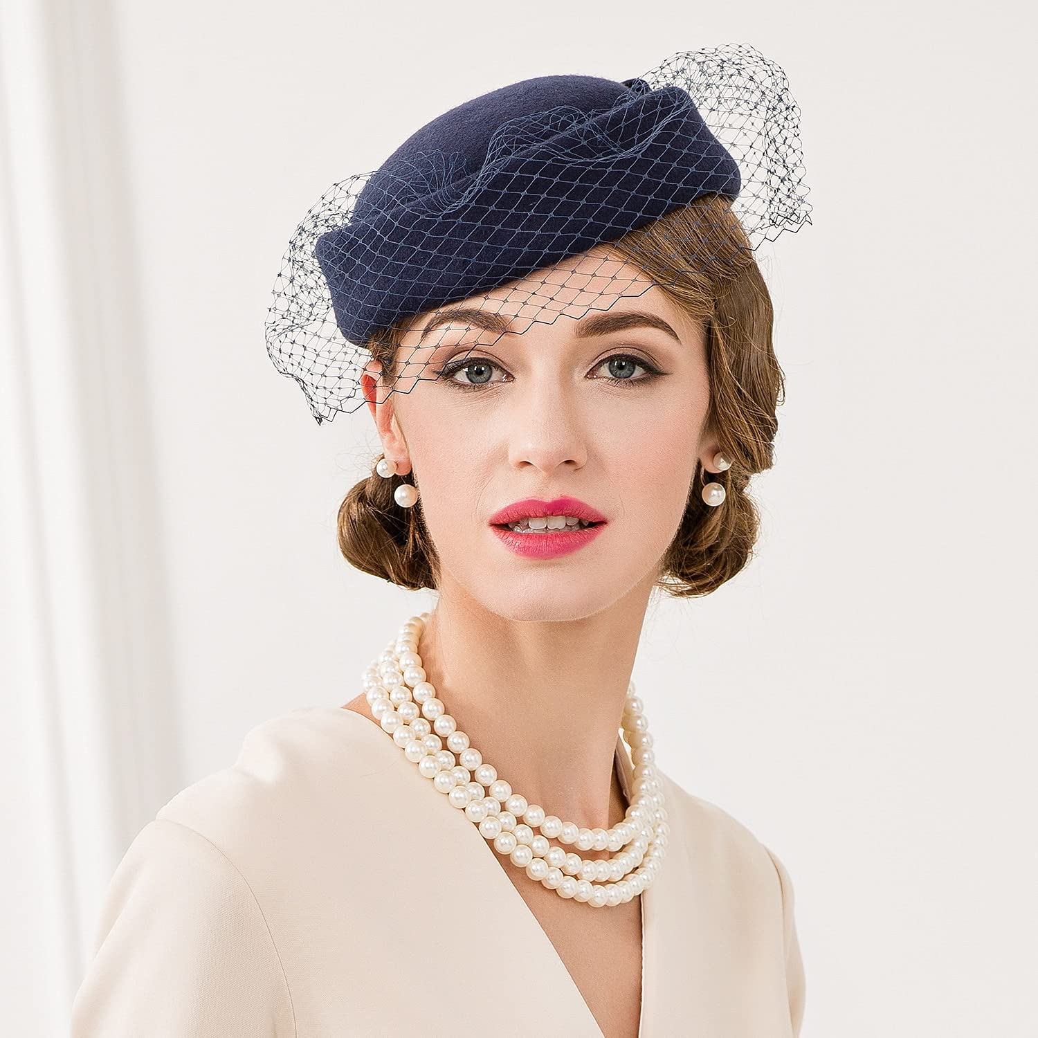 TS British Vintage Wool Felt Pillbox Hat with Veil Flower Fedoras Headpiece for Tea Party Wedding Church