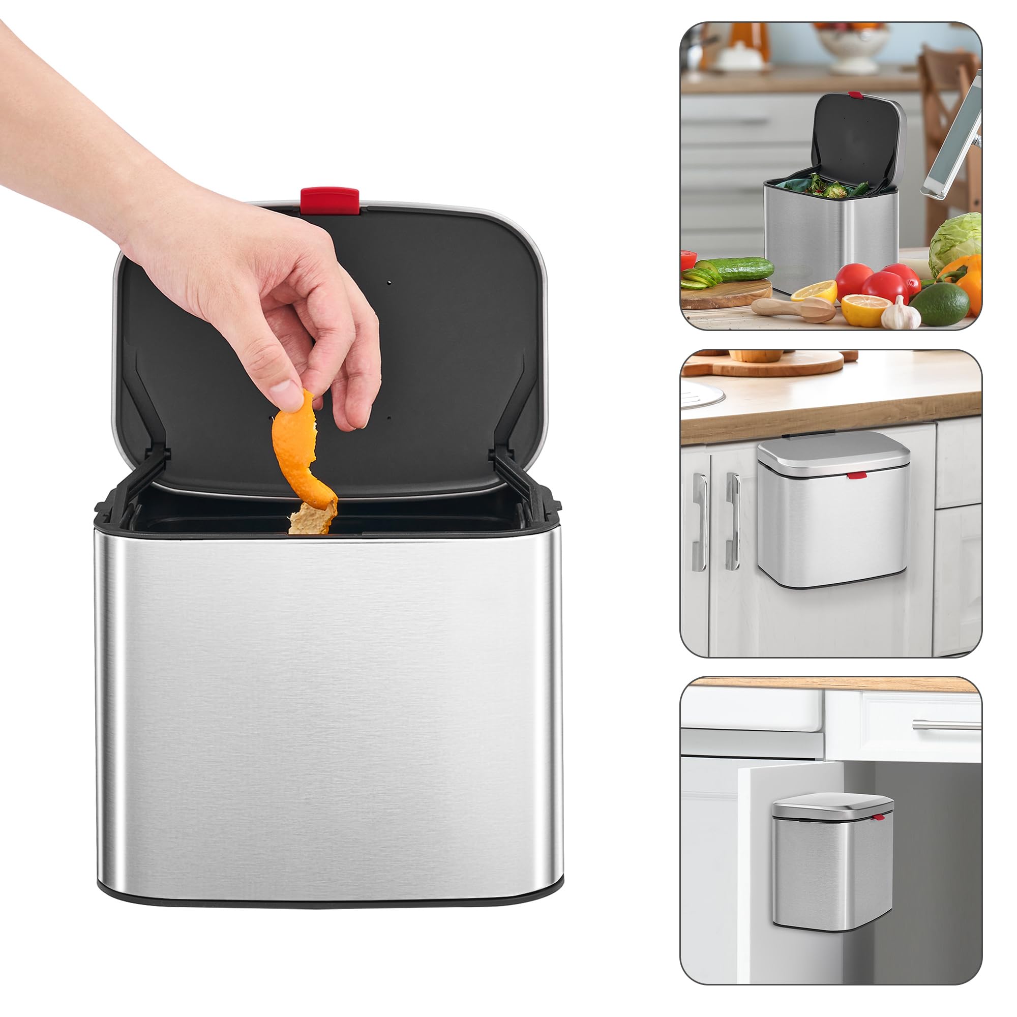 Nunsino Hanging Kitchen Compost Bin 4 Liter / 1.05 Gallon includes 30 Compostable Bags, Trash Can with Removable Inner Bucket, Stainless Steel, Airtight Lid, Silver