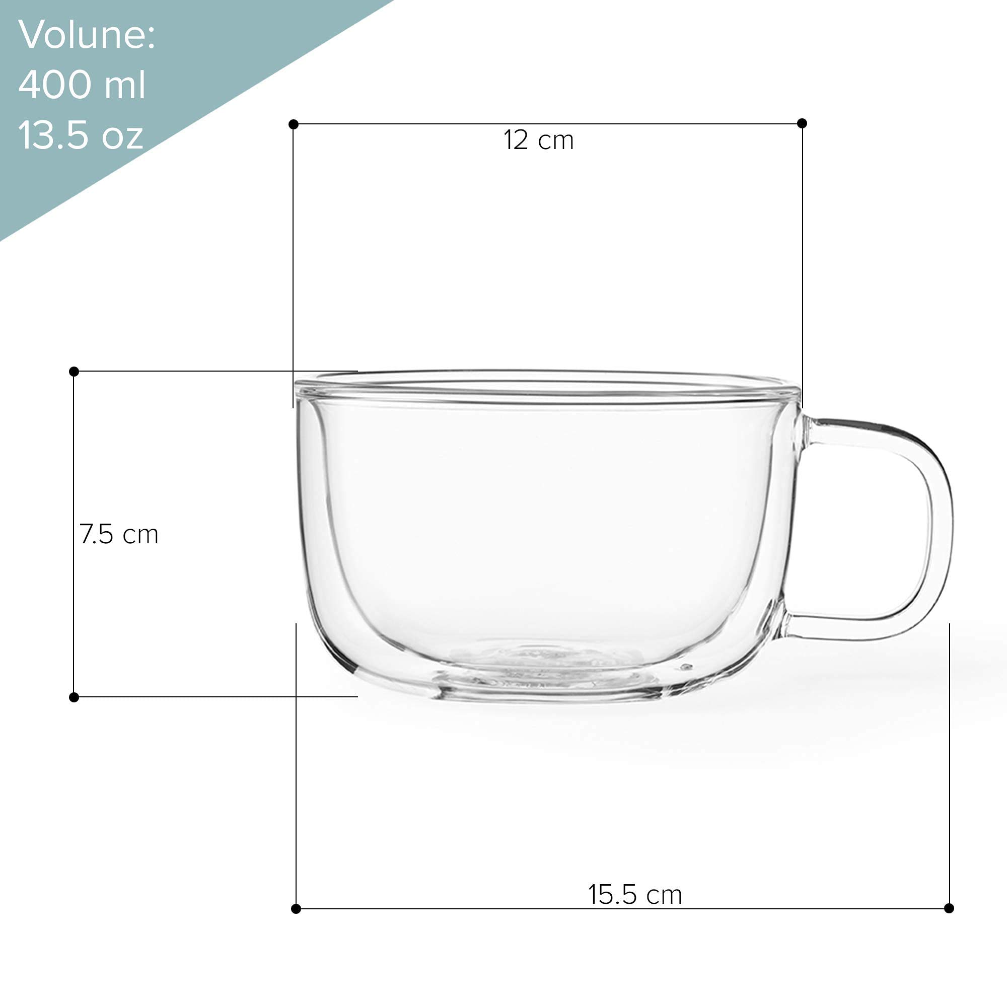 Viva Classic Double Wall Glass Insulated Coffee Mugs - Cappuccino Cups Set of 2-14 oz / 350ml Tea Cups