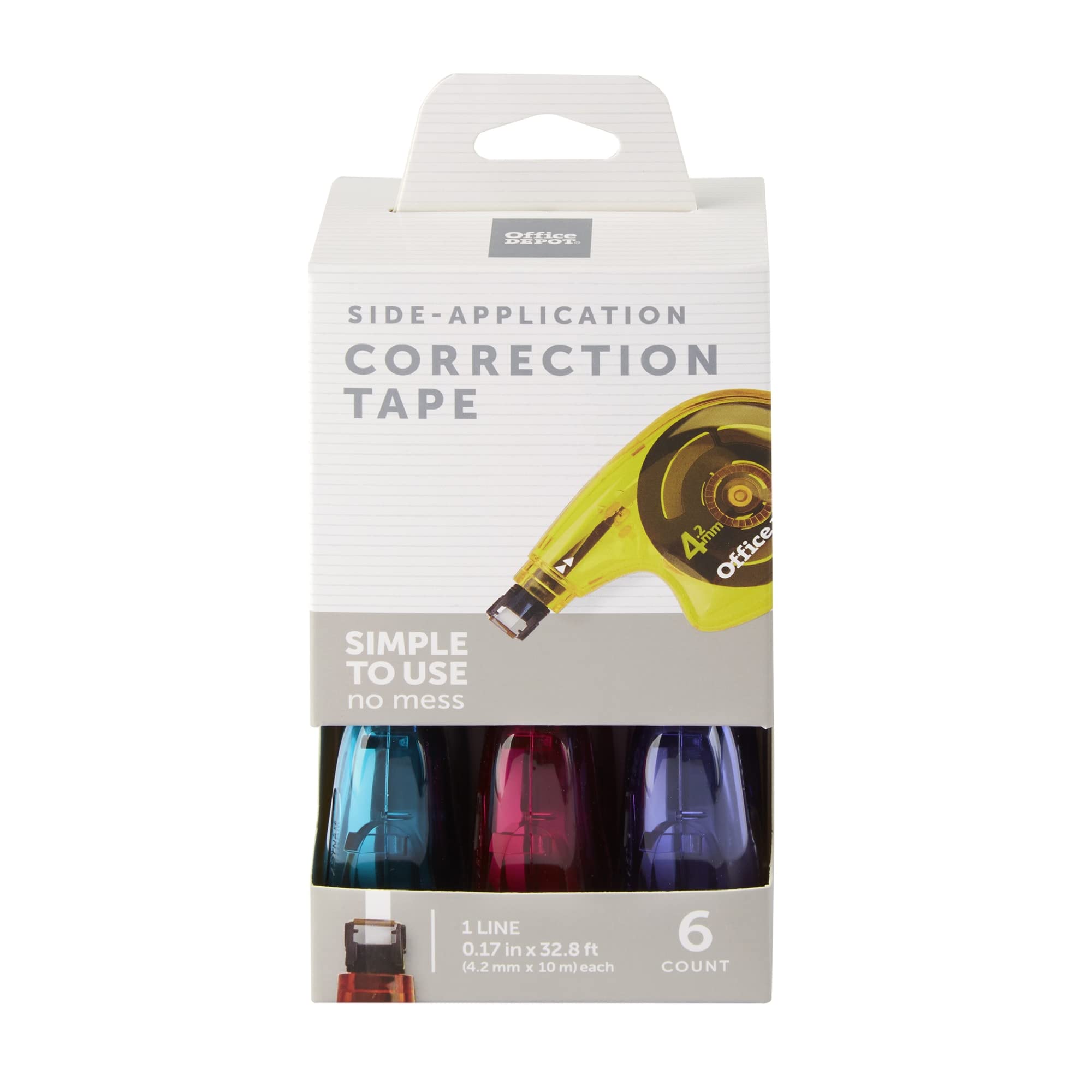 Office Depot Side-Application Correction Tape, 1 Line x 394in., Assorted Colors, Pack of 6, 10847