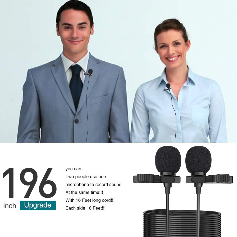 PoP voice Premium 16 Feet Dual-head Lavalier Microphone, Professional Lapel Clip-on Omnidirectional Condenser Mic for Apple iPhone,Android,PC,Recording Youtube,Interview,Video Conference,Podcast