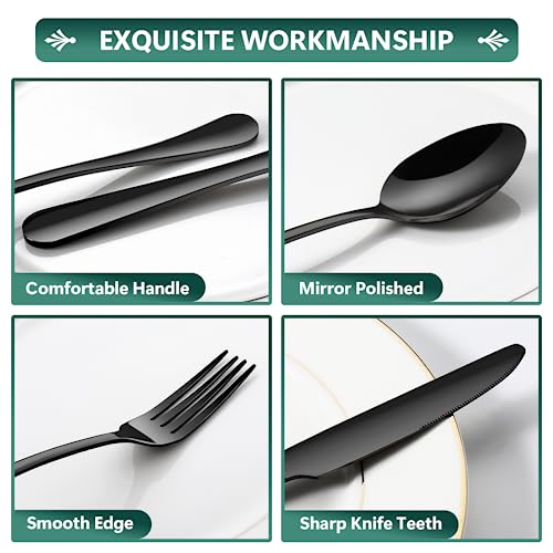 Qupoilke 60-Piece Black Silverware Set with Steak Knives Service for 10,Food Grade Stainless Steel Flatware Utensils Cutlery Set for Home Kitchen and Restaurant