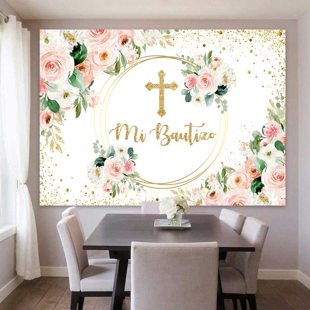Sensfun Mi Bautizo Backdrop Gold Bless Spanish Baptism Girl First Holy Communion Party Decorations Pink Floral Gold Glitter Background Christening Newborn Photo Studio Booth Props 7x5ft