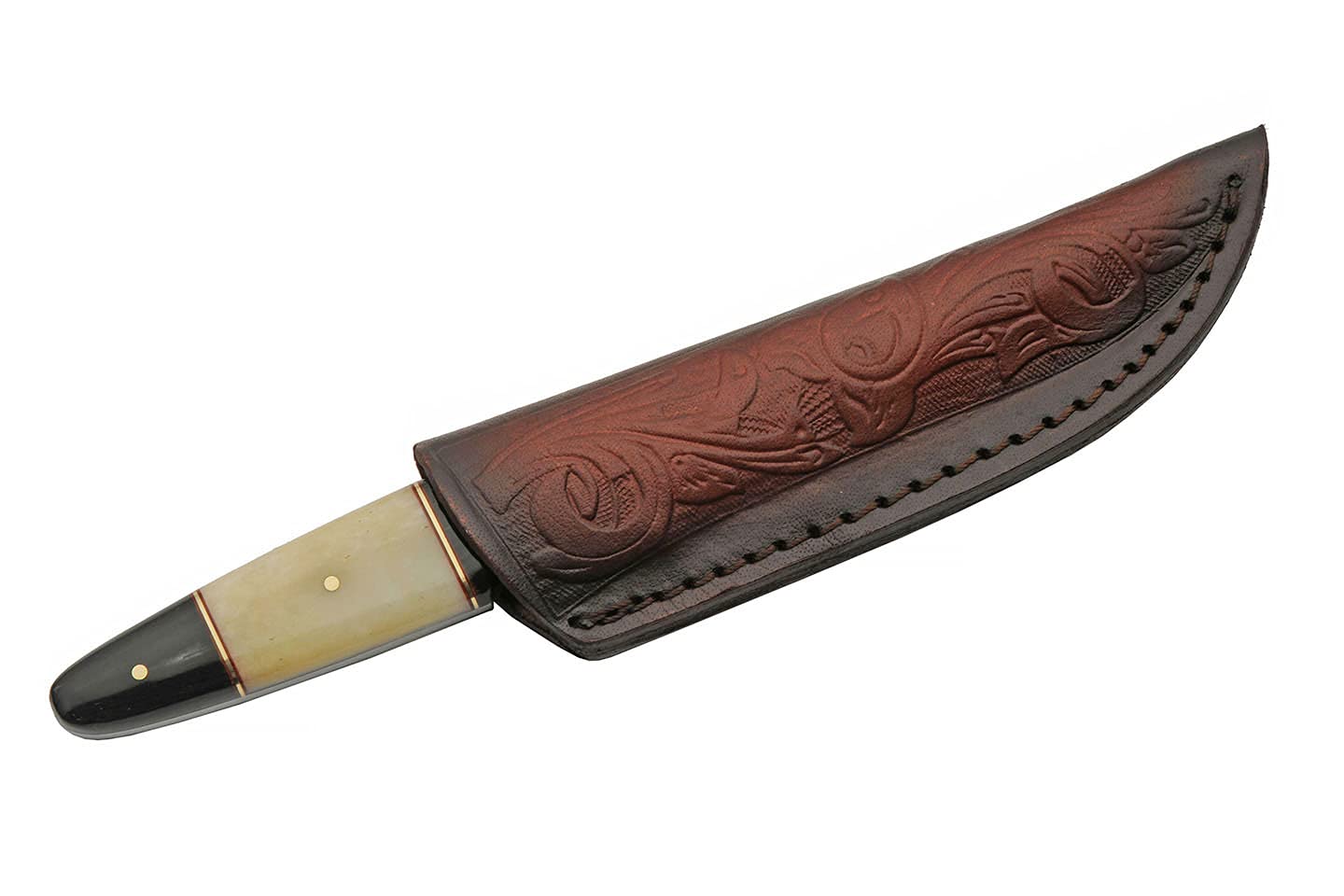 Szco Supplies 7.5" Horn and Bone Handle Damascus Outdoor Hunting Knife with Sheath