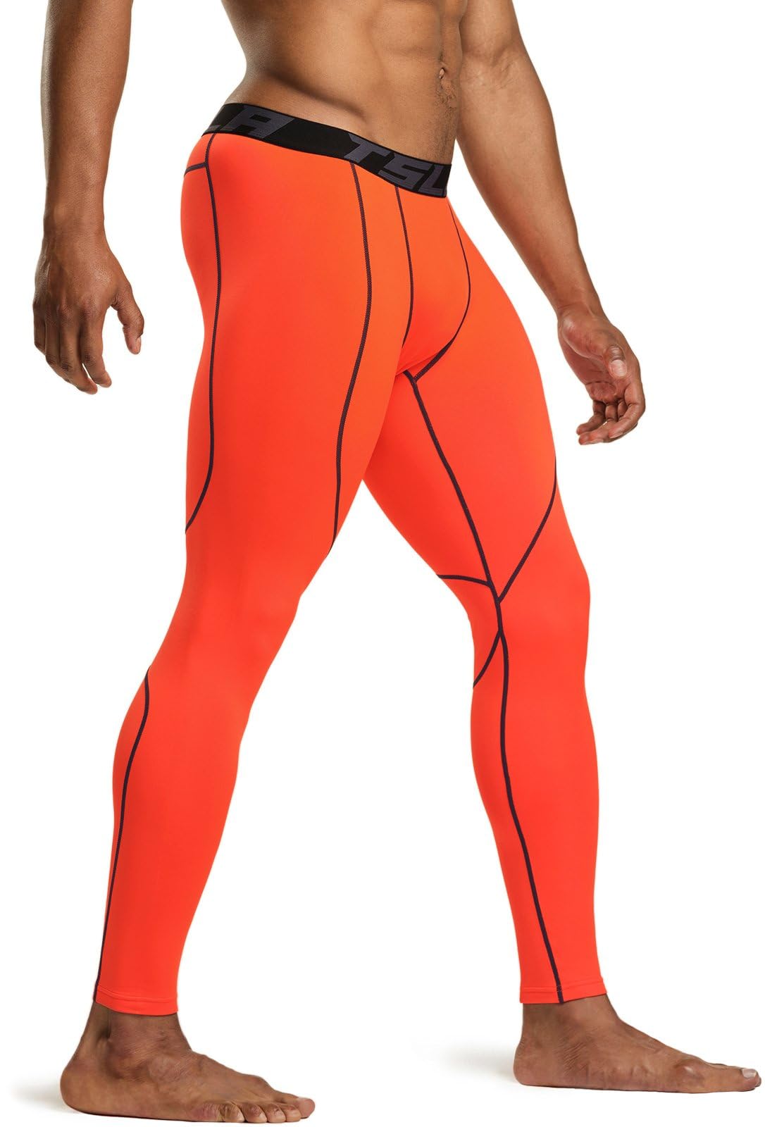 TSLA Men's Thermal Compression Pants, Athletic Sports Leggings & Running Tights, Wintergear Base Layer Bottoms, Heatlock Pure Orange, Large