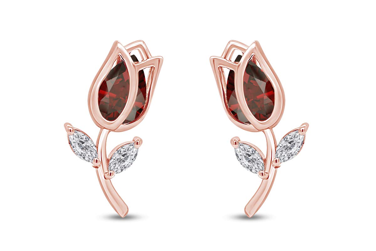 Pear & Marquise Shape Simulated Garnet & White Cubic Zirconia Stud Earrings In 14k Rose Gold Over Sterling Silver