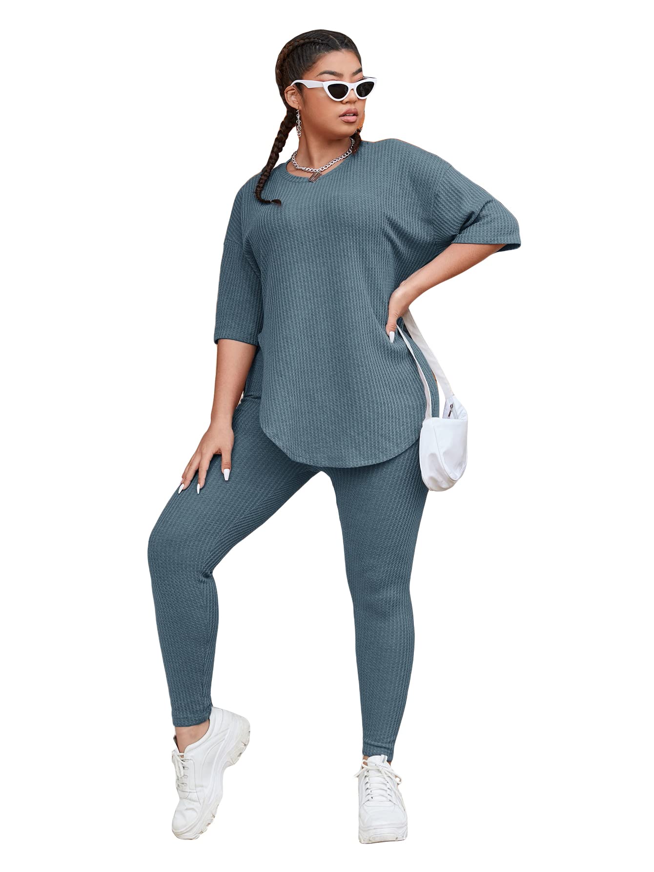 WDIRARA Women's Plus Size 2 Piece Outfit Waffle Knit Half Sleeve Top and Leggings Set Dusty Blue 4XL