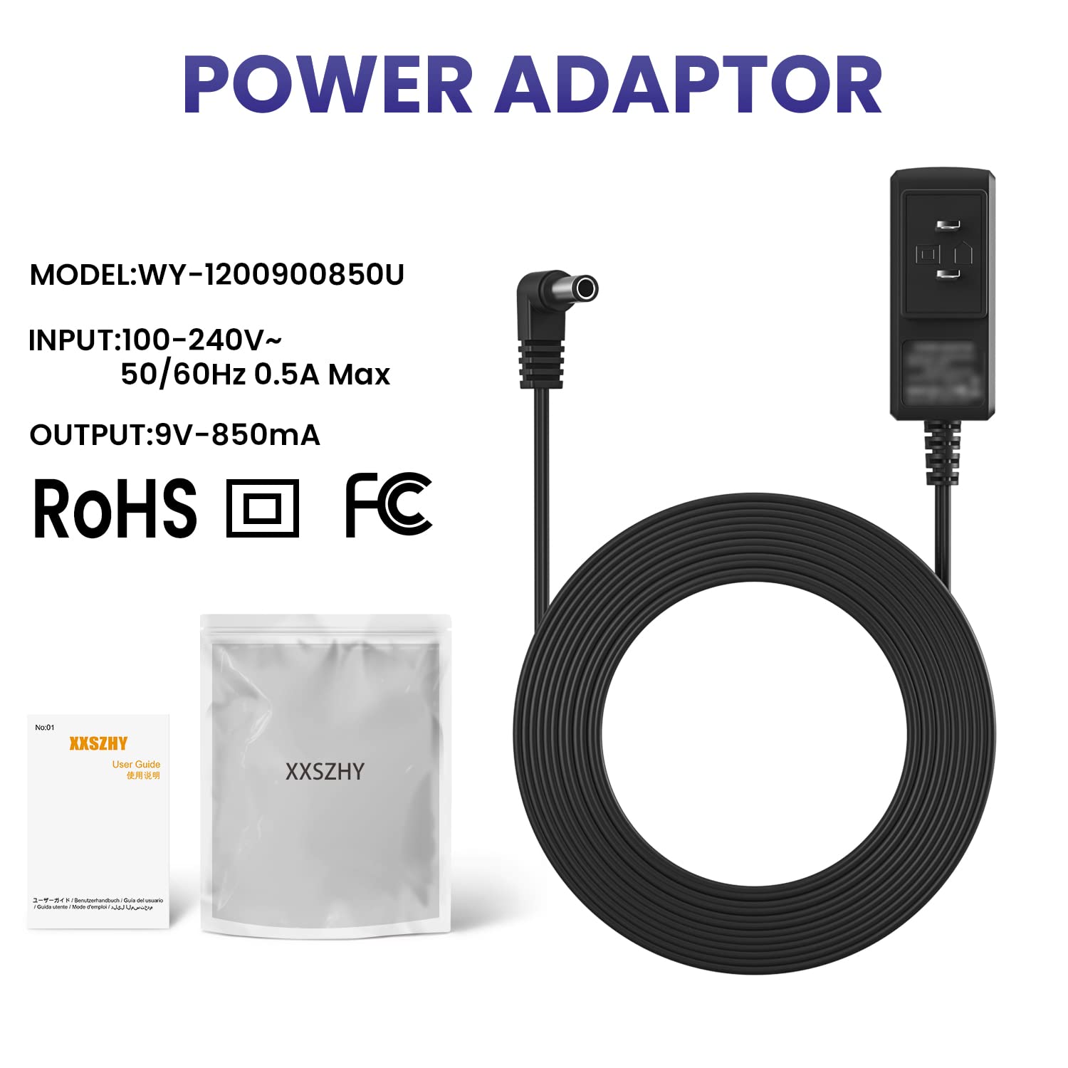XXSZHY Guitar Pedal Power Supply, AC DC 9V Power Cord, Adapter for BOSS Effects Pedal and Casio Keyboard, Roland Musical Instruments, Distortion, PSA -120S, 9V 850mA - Center Negative
