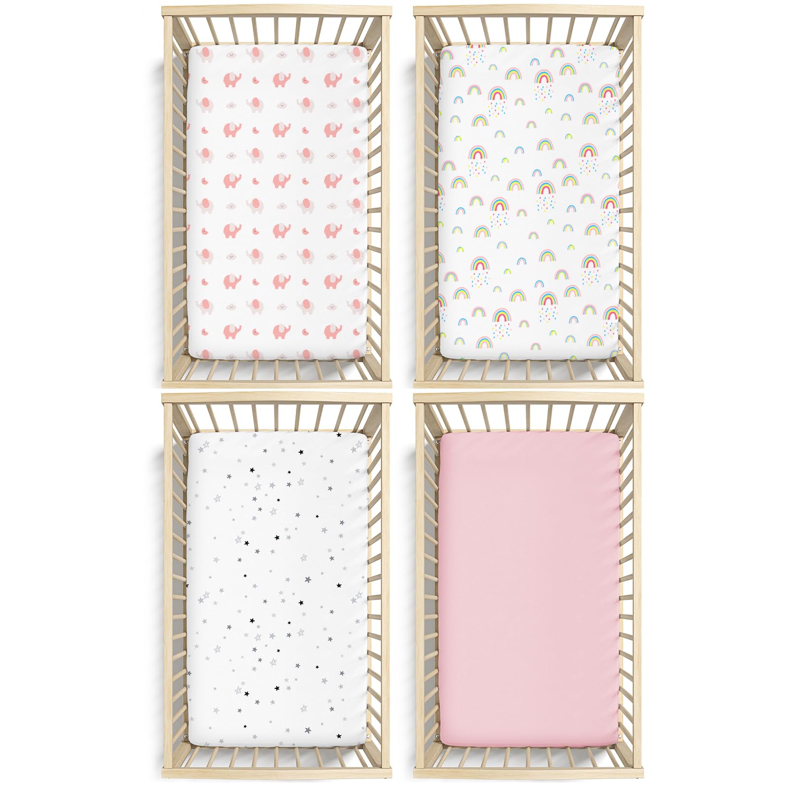 Plushii Crib Sheets for Baby Girls 4 Pack, 28"x 52" Extra Soft Microfiber Crib Sheet Set for Standard Crib & Toddler Mattress Pad, Rainbow & Elephant & Stars & Pink