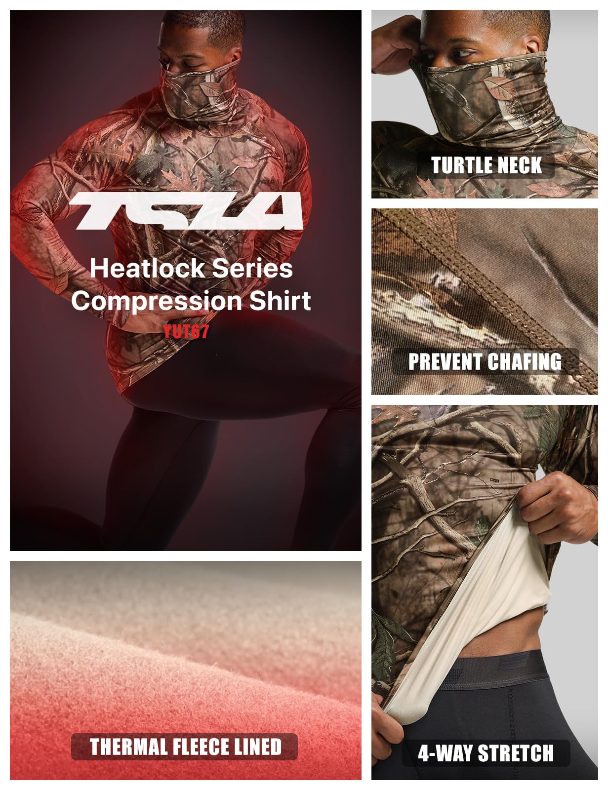 TSLA Men's Thermal Long Sleeve Compression Shirts, Mock/Turtleneck Winter Sports Running Base Layer Top, Heatlock Face Mask Print Hunting Camo, Medium