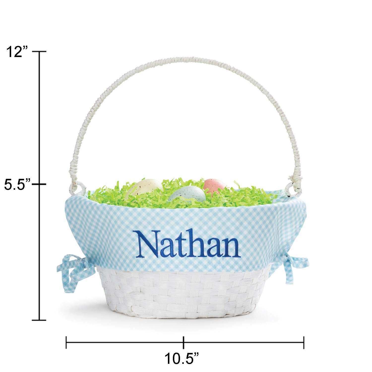 Personalized Easter Egg Basket with Handle and Custom Name | Blue Gingham Easter Basket Liners | White Basket | Woven Easter Baskets for Kids and Adults | Customized Easter Basket | Gift for Easter