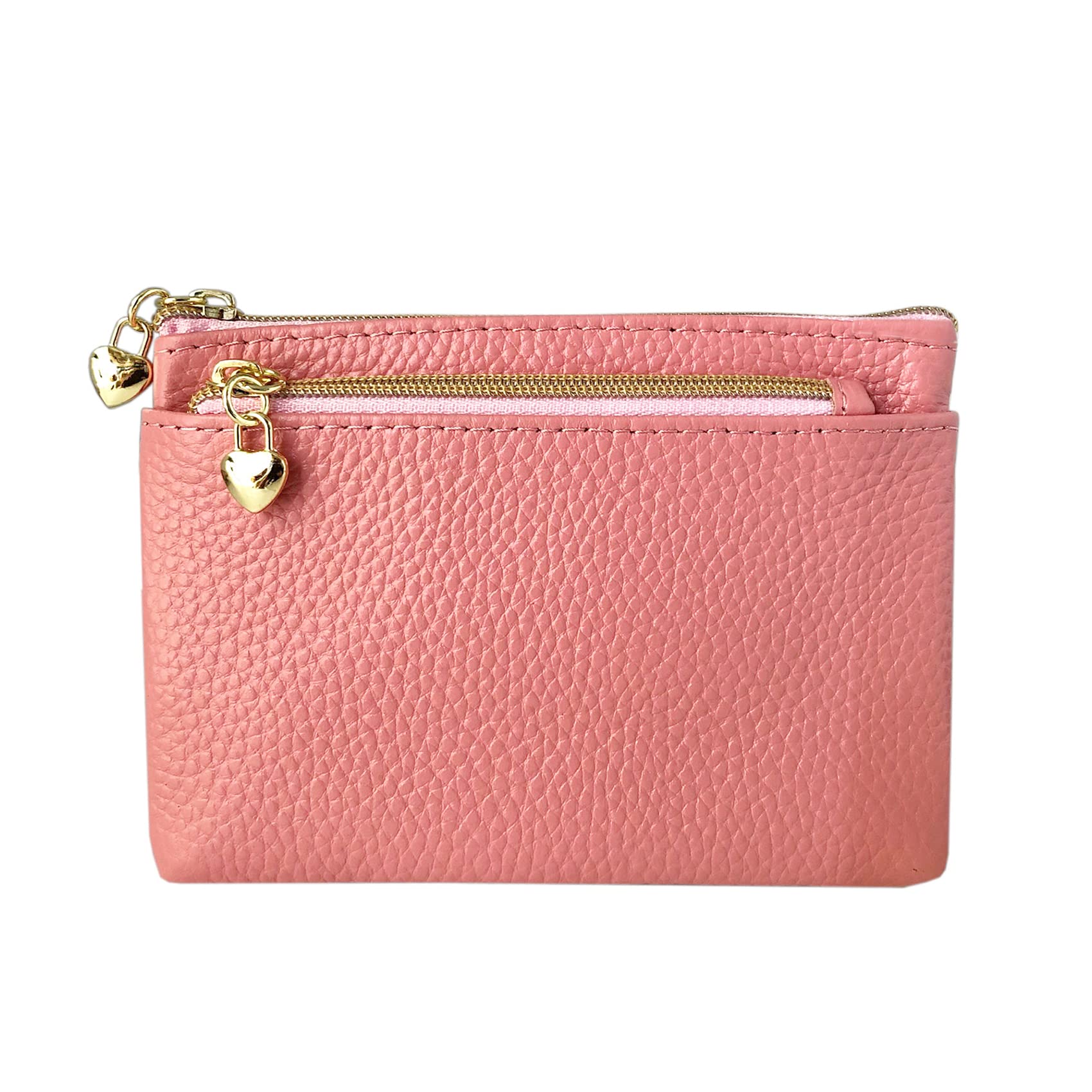 Women's Leather Portable Coin Purse, Pocket Wallet, Zipper Card Holder Wallet with Key Ring (Pink)