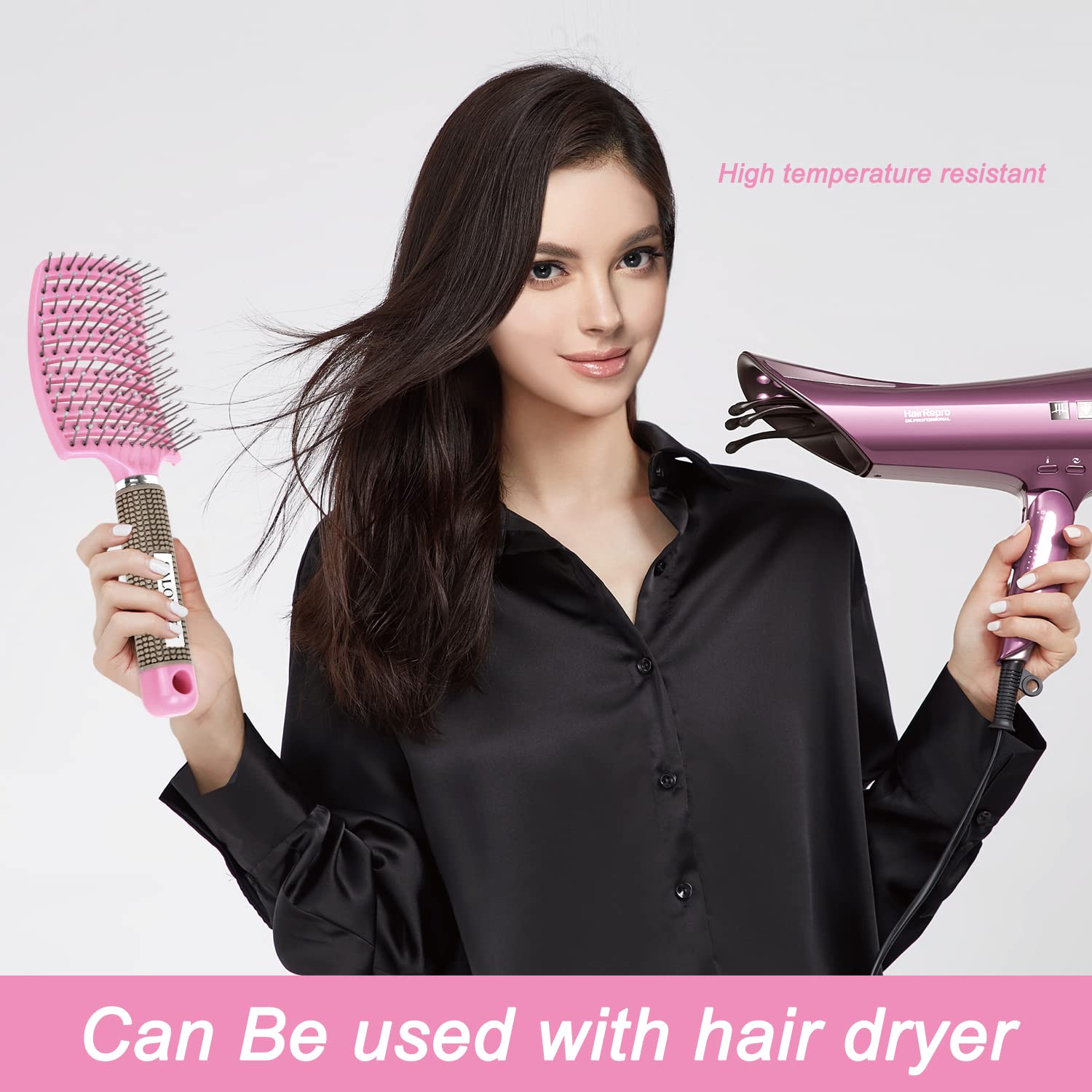 Professional Curved Vented Styling Hair Brush Barber Hairdressing Styling Tools Fast Drying Hair Detangling Massage Brushes (Pink)