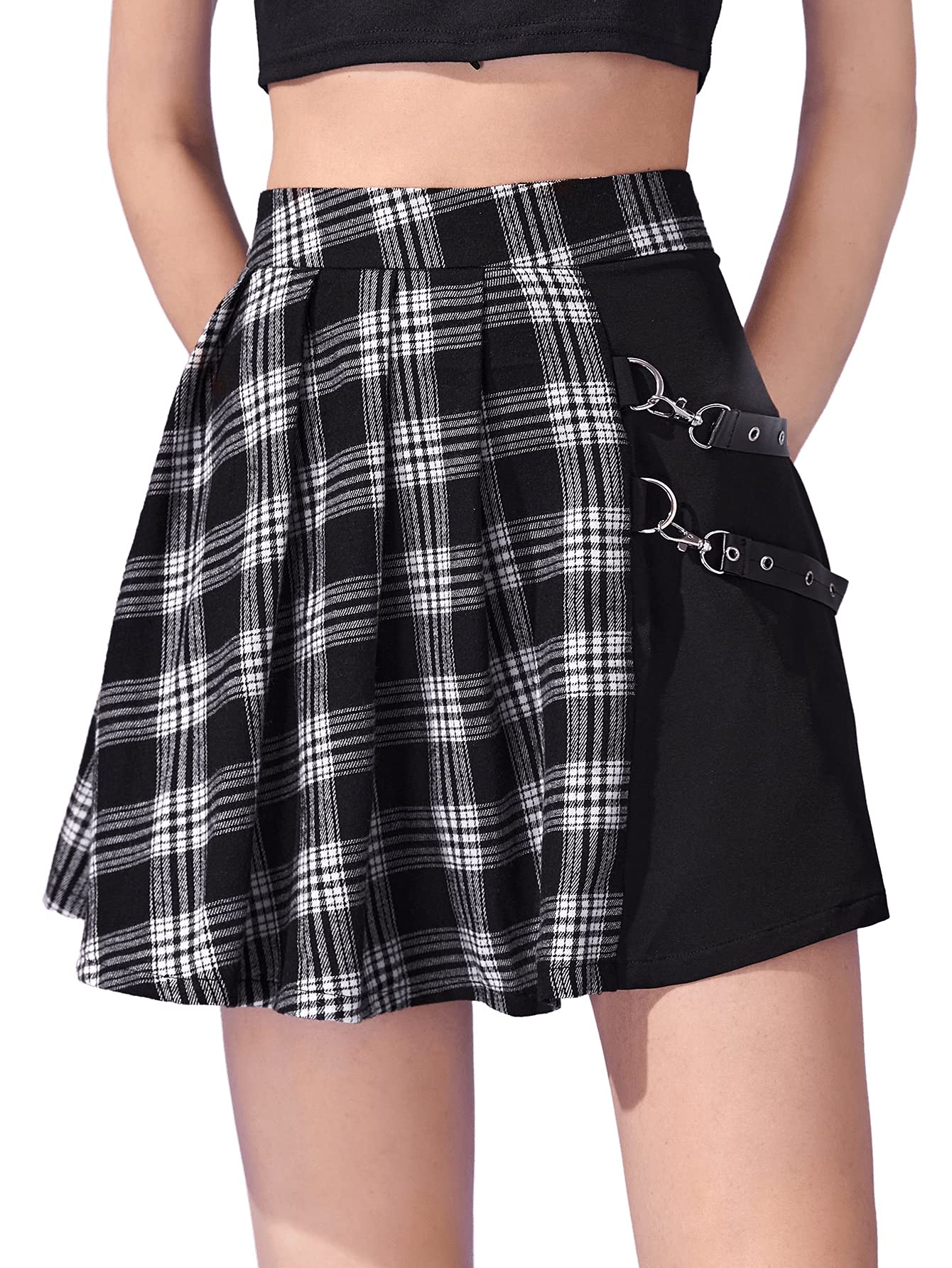 SheIn Women's Casual Plaid Pleated High Waist School Uniform Tennis Mini Skirt Black White L