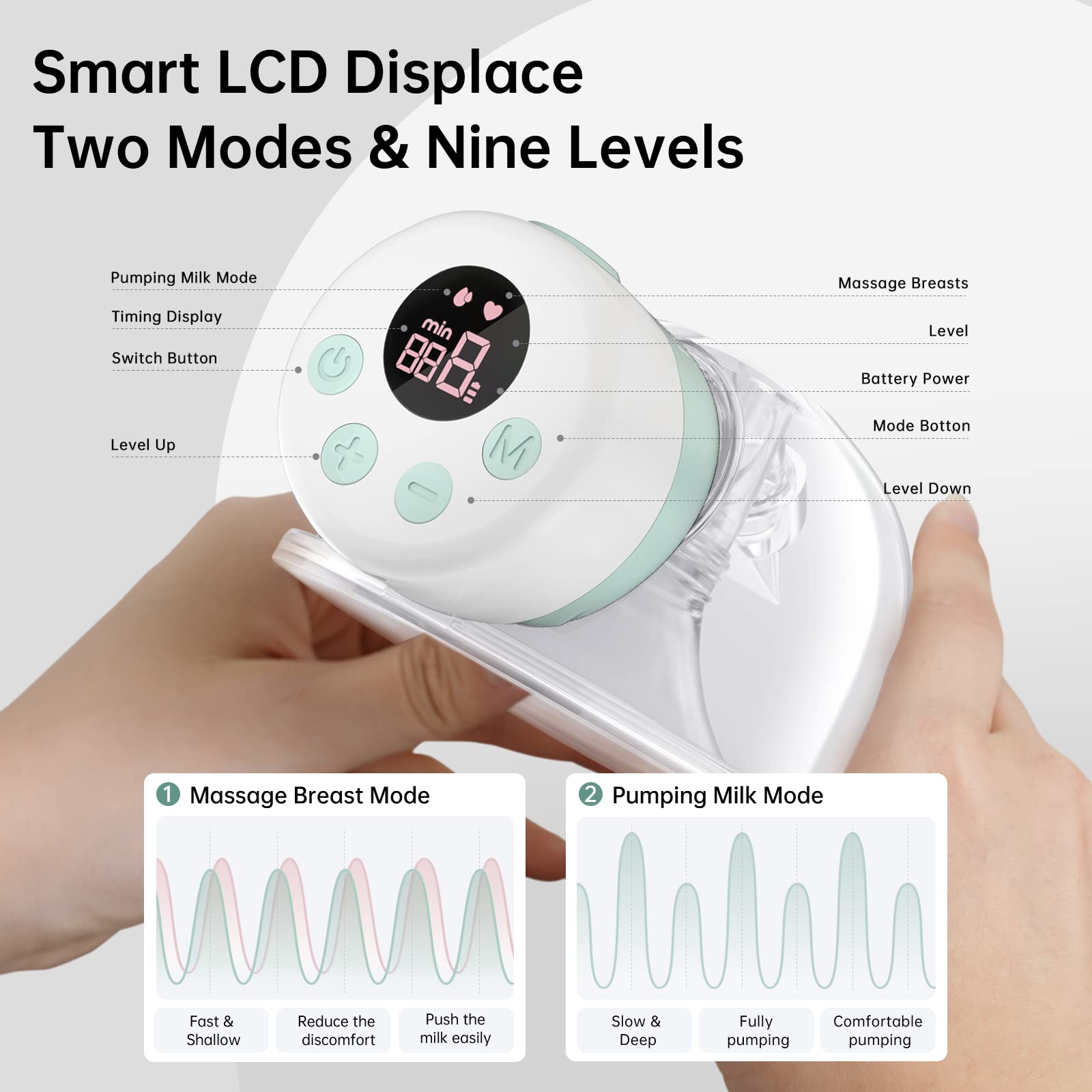 TSRETE Breast Pump, Wearable Breast Pump, Electric Hands-Free Breast Pumps with 2 Modes, 9 Levels, LCD Display, Memory Function Rechargeable with Massage and Pumping Mode, 27mm Flange, Pink