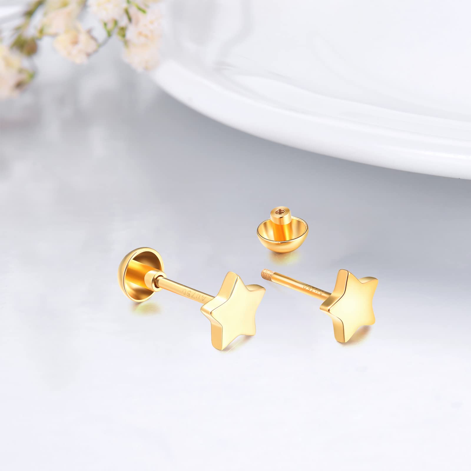 Solid 18k Yellow Gold Star Earrings Screw Back, Real Gold Studs for Women
