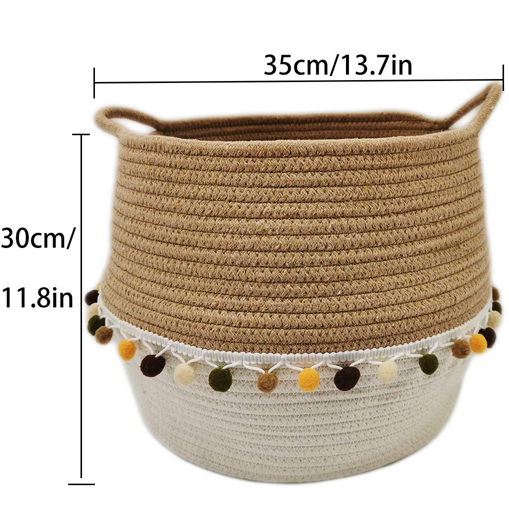 OldPAPA Cotton Rope Storage Basket, Nursery Storage Baskets with Pom Pom Cute Round Basket with Handles Decorative Gift for Nursery Hamper, Baby Toys, Towels