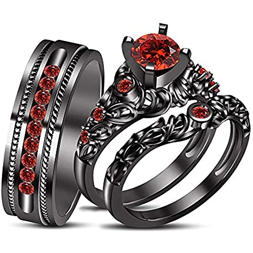 V Touch Round Cut Red Garnet Men's & Women's Trio Wedding Ring Set 14k Black Gold Plated 925 Sterling Silver.