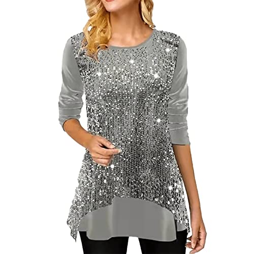 Women's Spring and Summer Solid Color Sequin Round Neck Splicing Loose Casual T Shirt Oversized Shirts for Women Grey