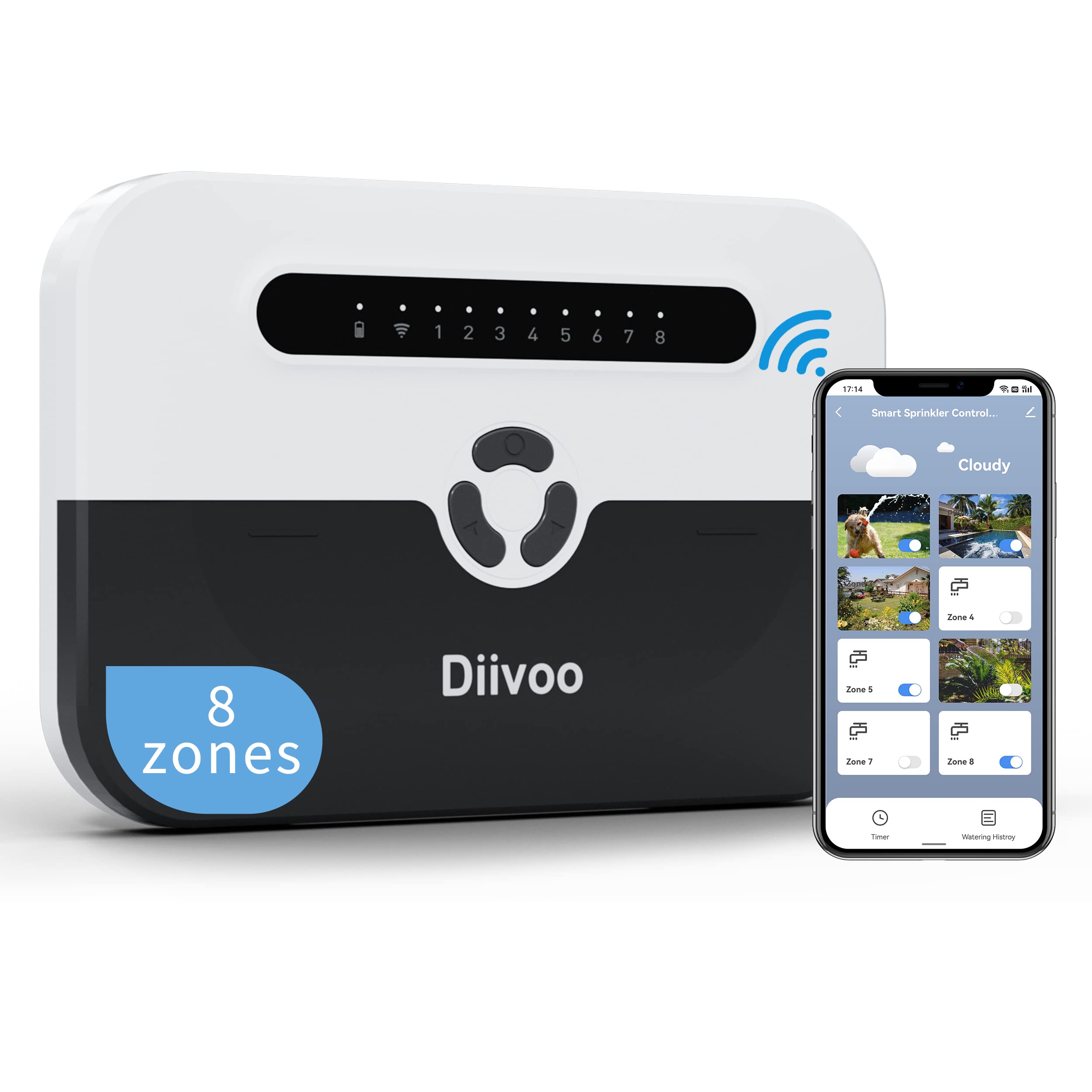 WiFi Sprinkler Controller, Diivoo 8 Zone Smart Irrigation Controller with Smart Weather, Automatic and Manual Watering, Compatible with Alexa and Google Assistant