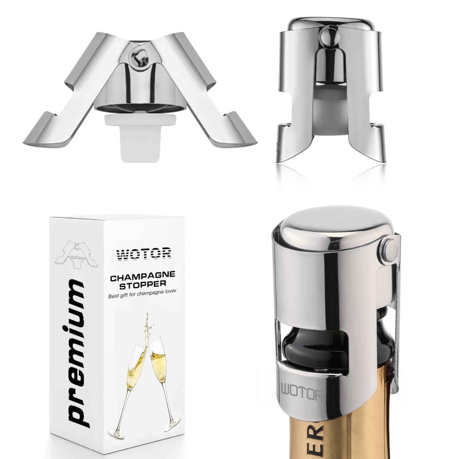 WOTOR 3 Pack Champagne Stoppers with Stainless Steel Champagne Bottle Stoppers with Food Grade Silicone Reusable Champagne Cork, Saver Suitable for Champagne, Cava, Prosecco and Sparkling Wine(Silver)