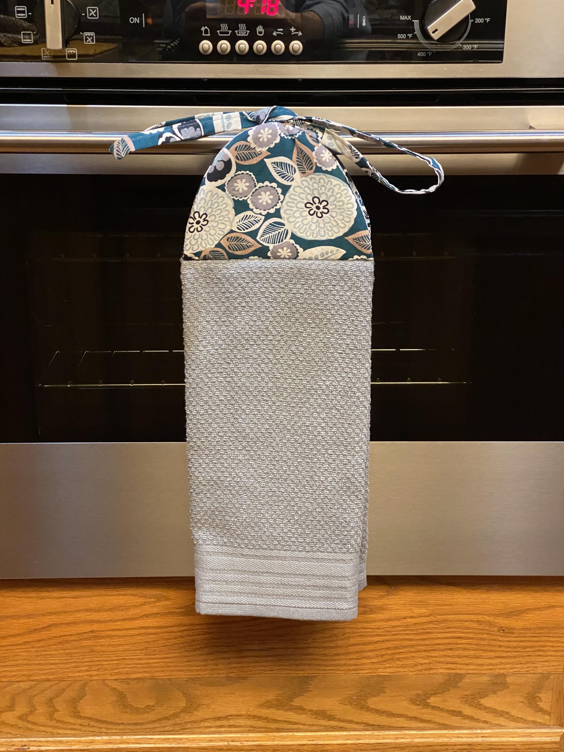 Teal Gray Grey White Flowers Ties On Stays Put Grey Kitchen Bathroom Hanging Loop Hand Dish Towel