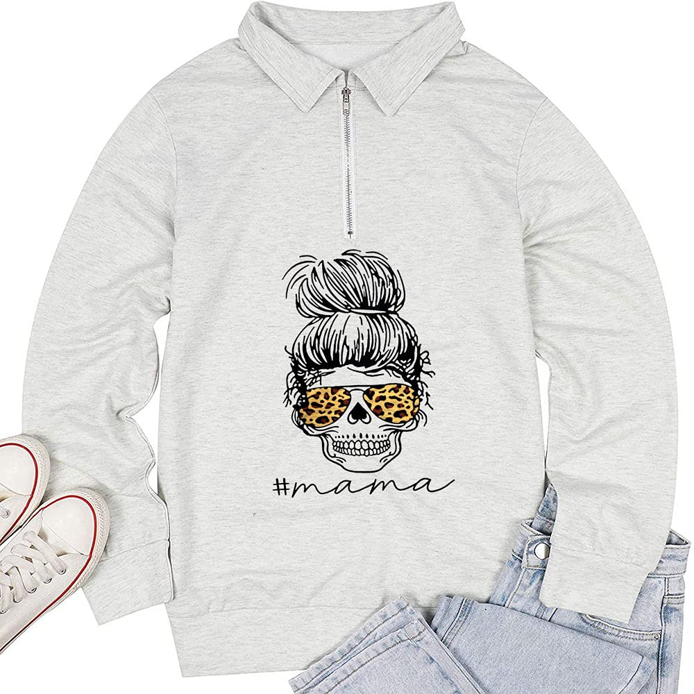 T&Twenties Mama Sweatshirt Cute Mom Mode Zip Up Pullover Mom Life Long Sleeve High Collar Quarter 1/4 Zip Jacket Top
