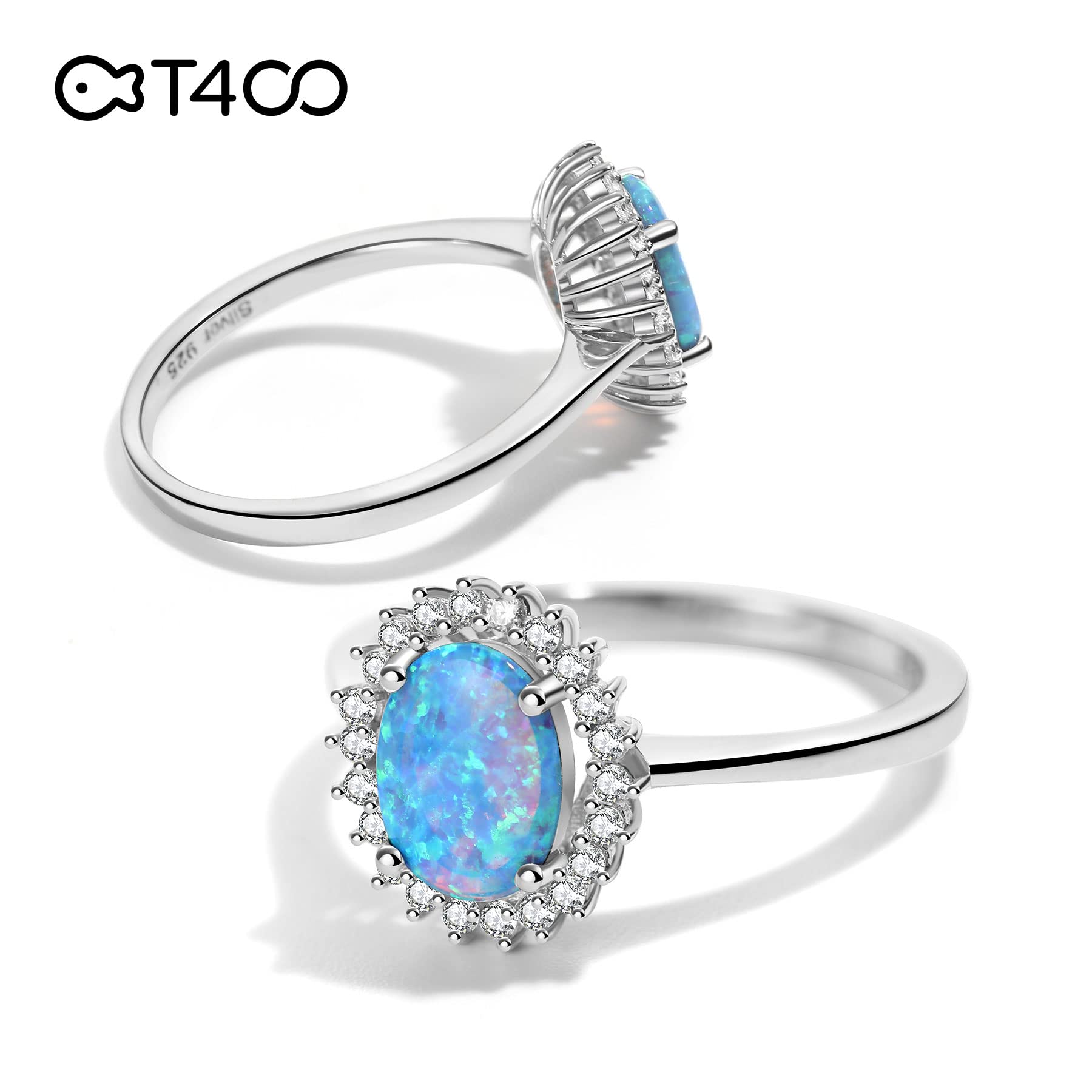T400 925 Sterling Silver Blue Created Opal Round Ring Gift for Women
