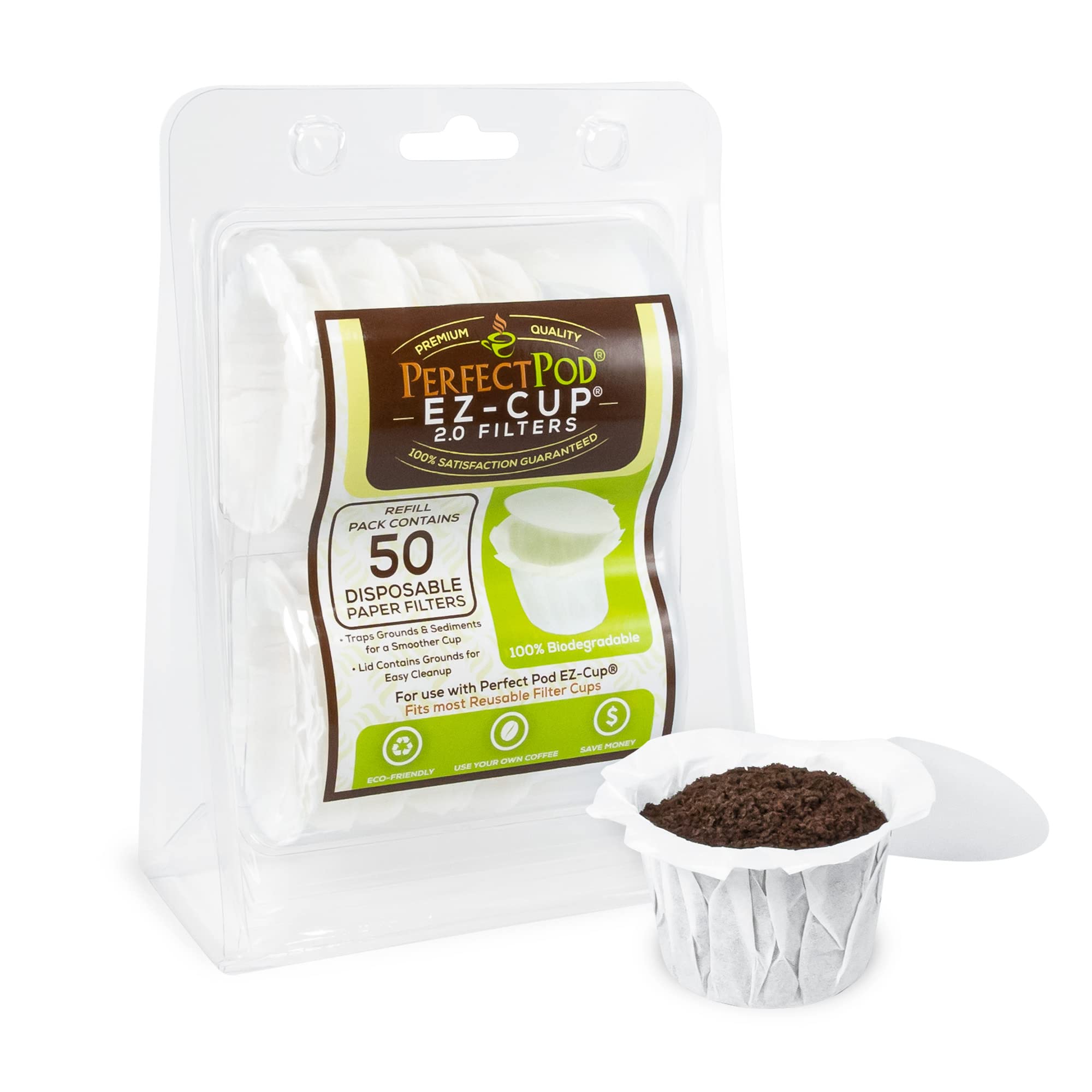 Perfect Pod EZ-Cup Paper Coffee Filters with Patented Lid for Single-Serve Coffee Brewers and Coffee Pods, Compatible with Keurig, 9-Pack (450 Filters)