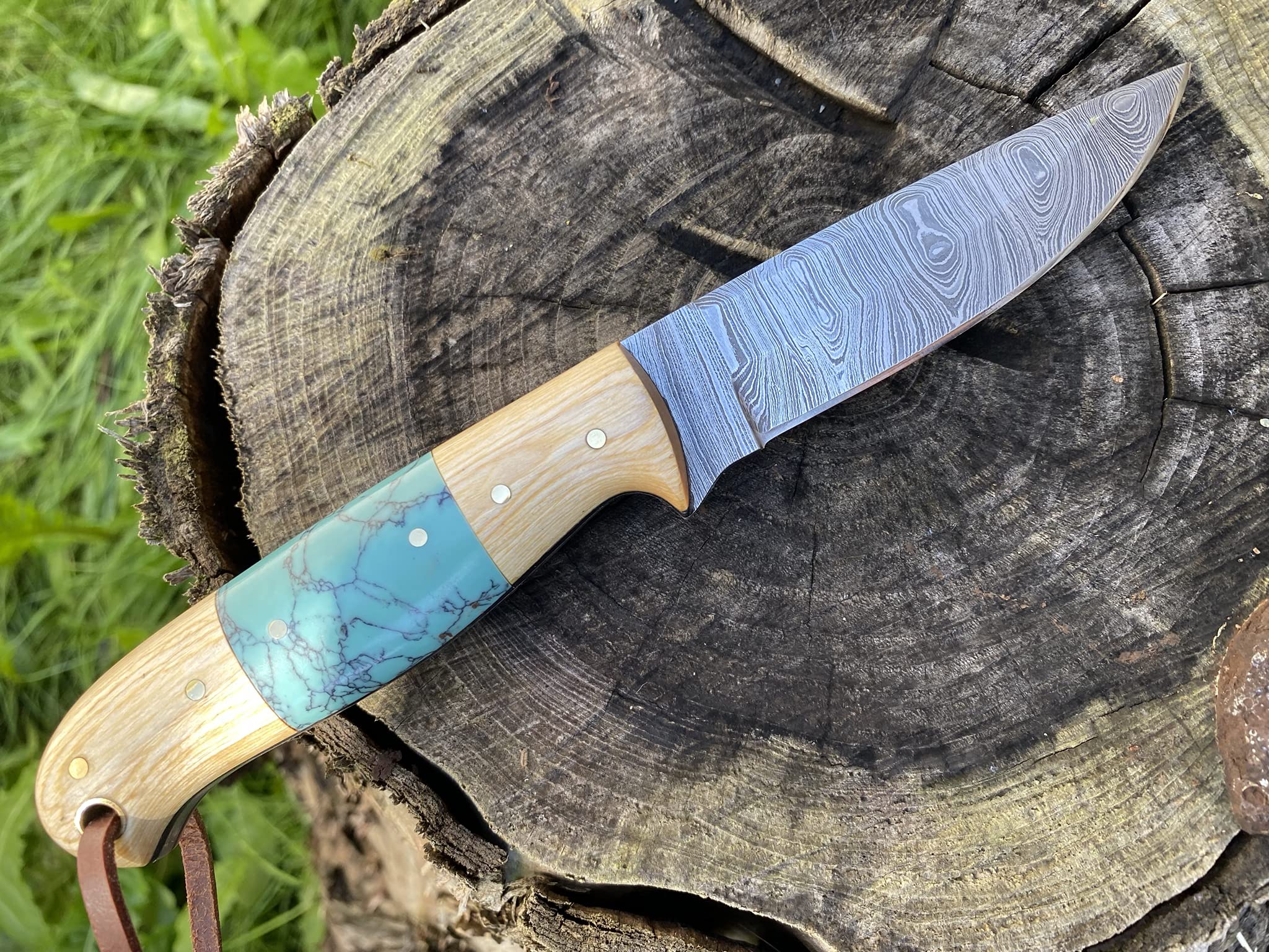 Perkin Damascus Hunting Knife With Sheath Fixed Blade Knife Bushcraft Knife Full Tang - T100