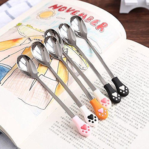 Silicone Head Cat Paw Design Stainless Steel Coffee/Tea/Dessert/Drink/Mixing/Milkshake Spoon Tableware Flatware Gadgets Hanging Spoon Hanging Spoon