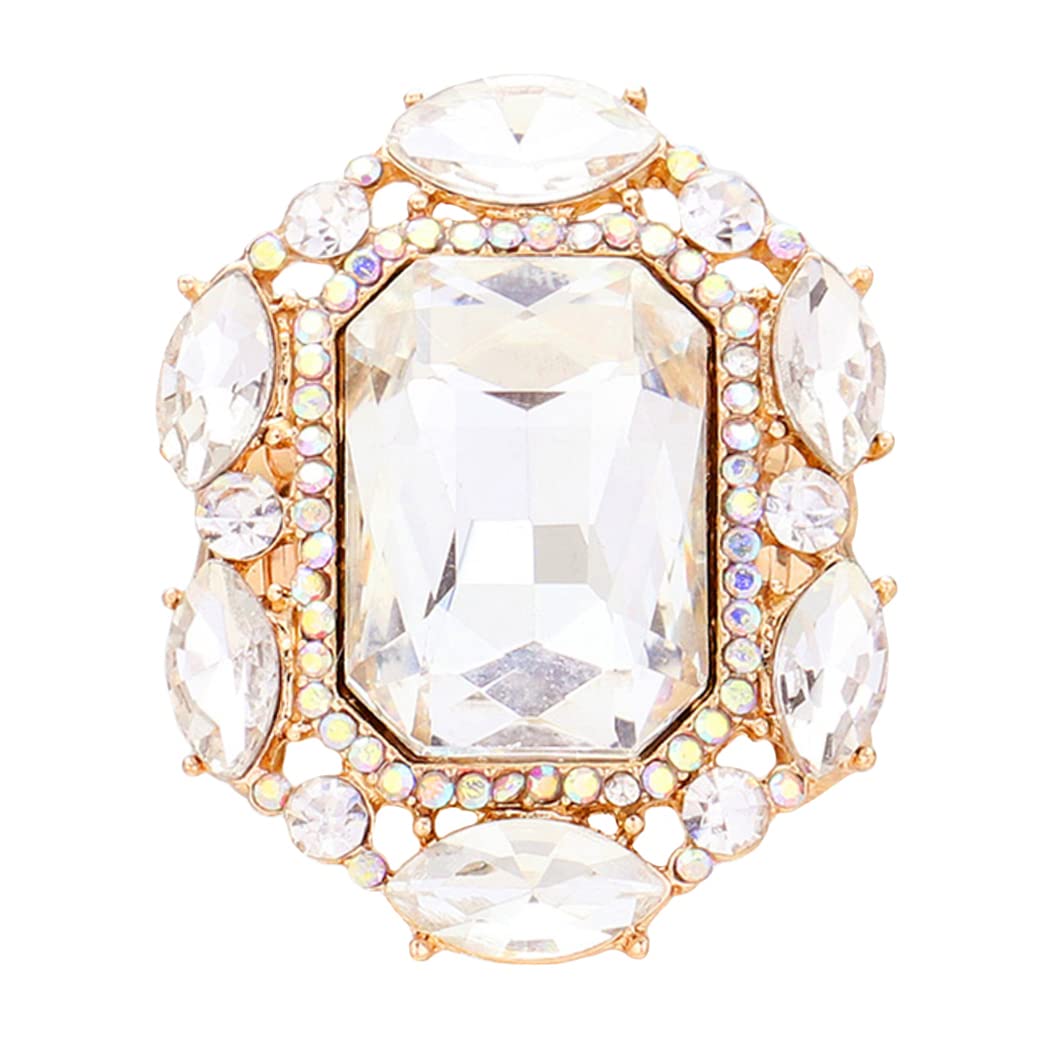 Rosemarie & Jubalee Women's Statement Emerald Cut Glass Crystal Stretch Cocktail Ring (Green Crystal Gold Tone)