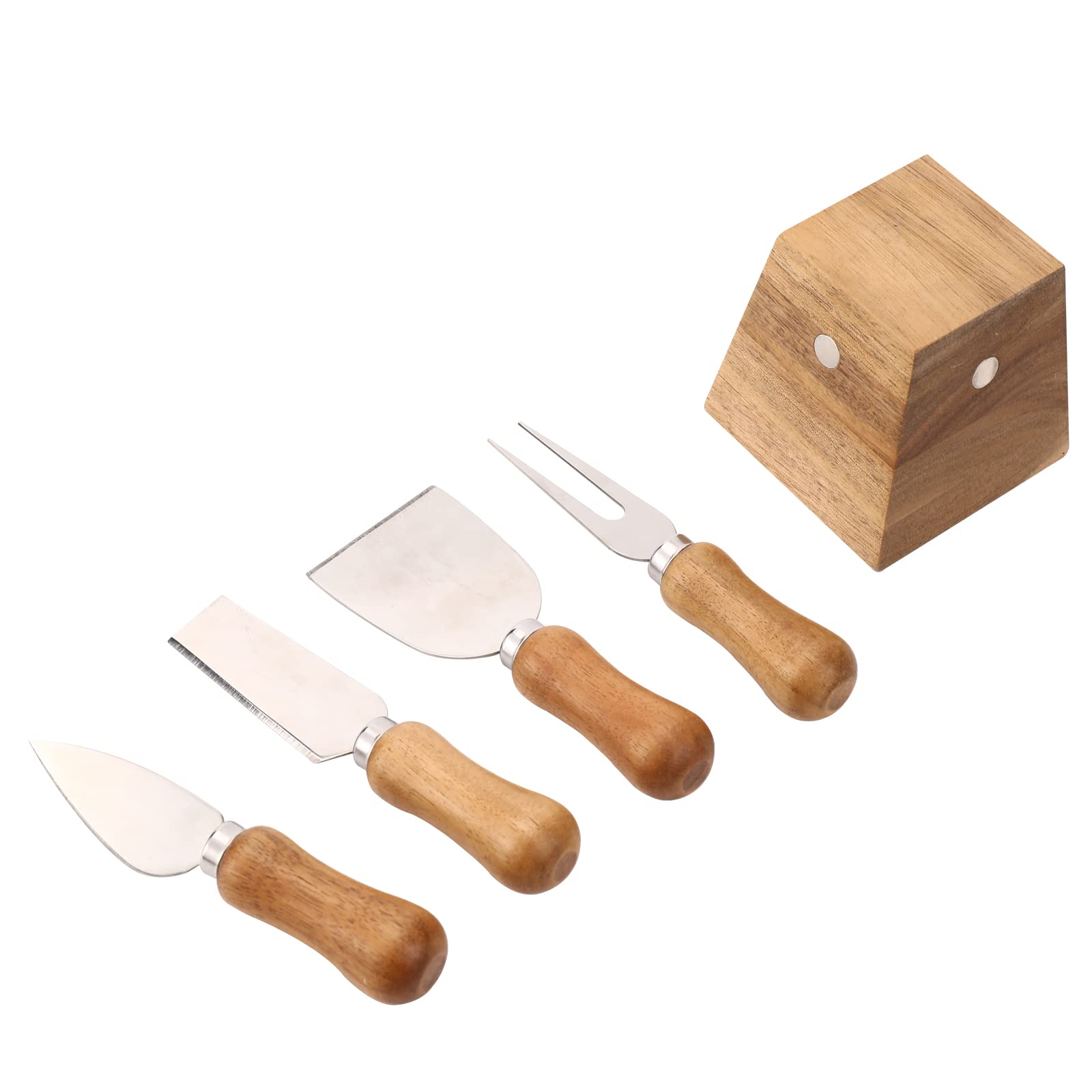olelo 4 Pieces Cheese Knives Set Includes 4 Stainless Steel Cheese Slicer Cheese Cutter with Wooden Handle & 1 Wooden Magnetic Block Standā¦