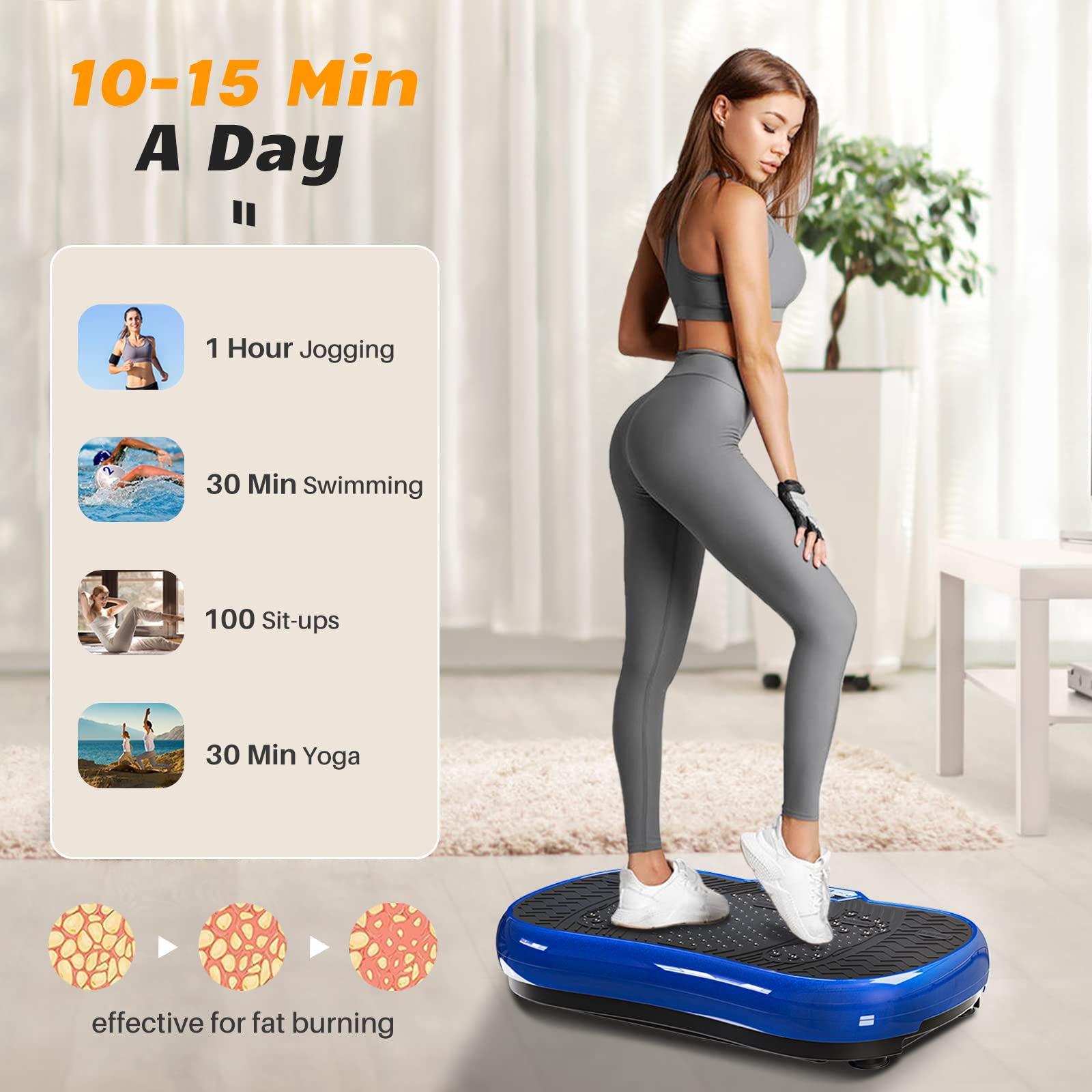 Vibration Plate Exercise Machine with Bluetooth Speaker, 99 Levels Whole Body Shape Vibration Platform Machine with Jump Rope for Weight Loss Fitness, Home Gym Equipment Workout Machine, Blue