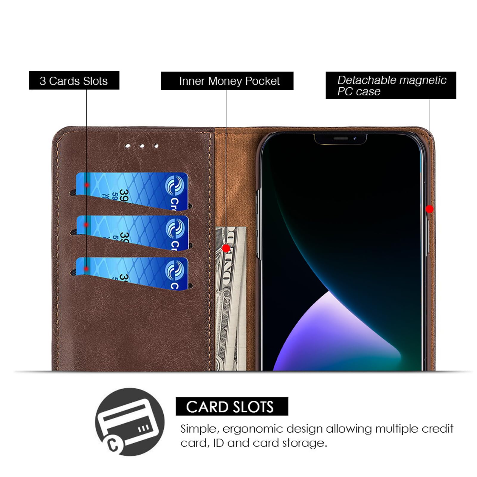 Professional 3 Card Slot Wallet Flip Cover with Removable Hard Shell Leather Back Cover for iPhone 15 Plus / 14 Plus (6.7") Brown