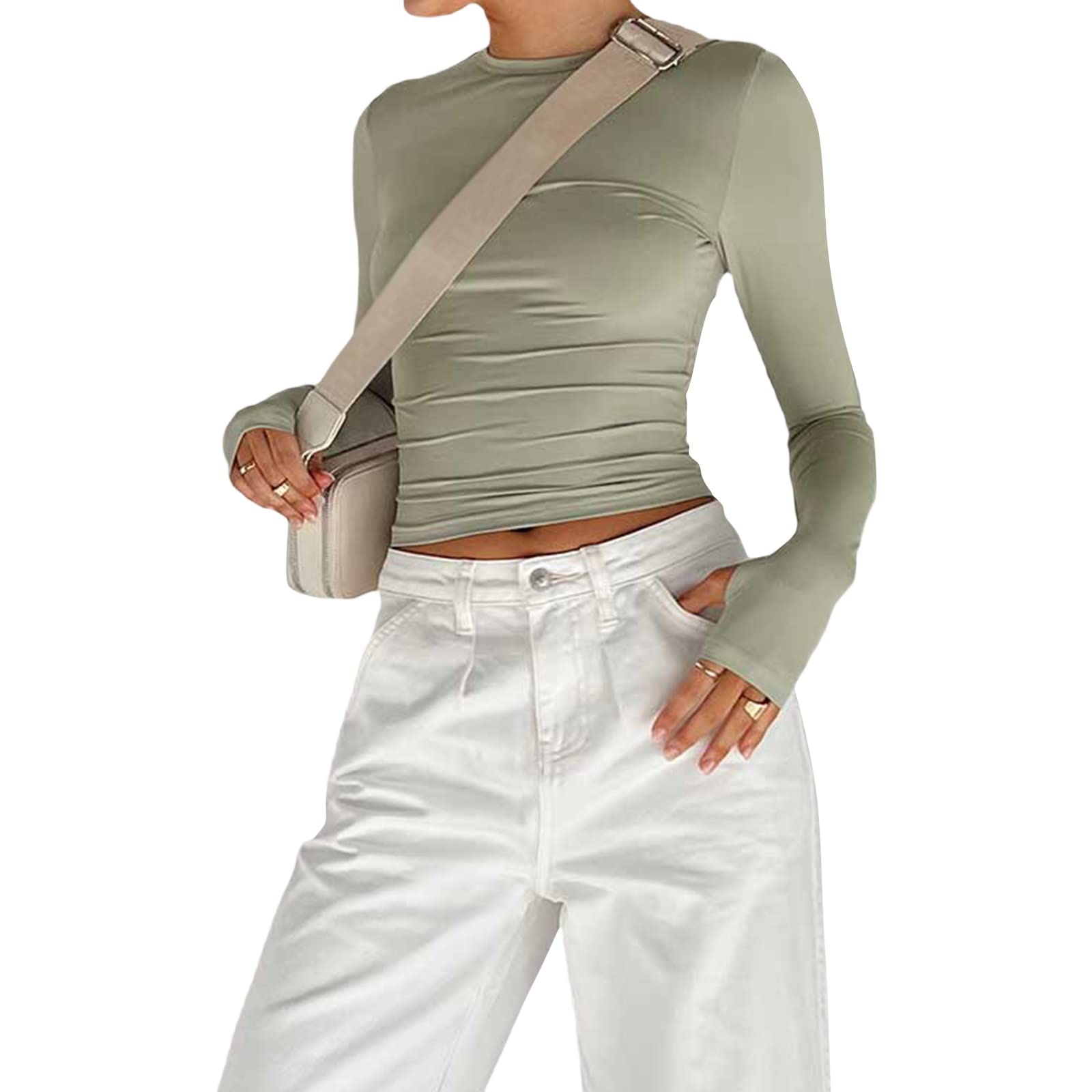 Women Slim Workout Shirt Top Long Sleeve Crewneck Skinny Athletic Top Solid Yoga Basic Crop Tee Tops (Thumble Hole Green,Small)