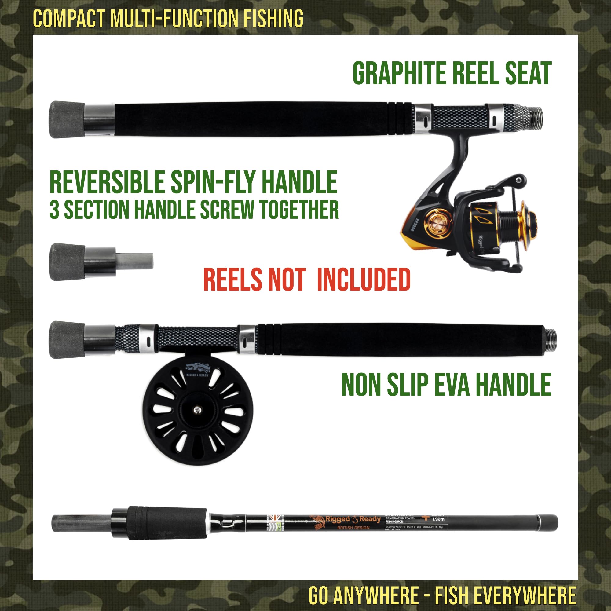 Rigged and Ready X5 Travel Fishing Rod. Super Compact, Carry Size 40cm (15.8β), Multi-Functional Travel Rod + 4 Tips + case. 1 Rod with 5 Fishing Options. 2.22m (7β 3β) + 1.9m (6'3") Lengths.