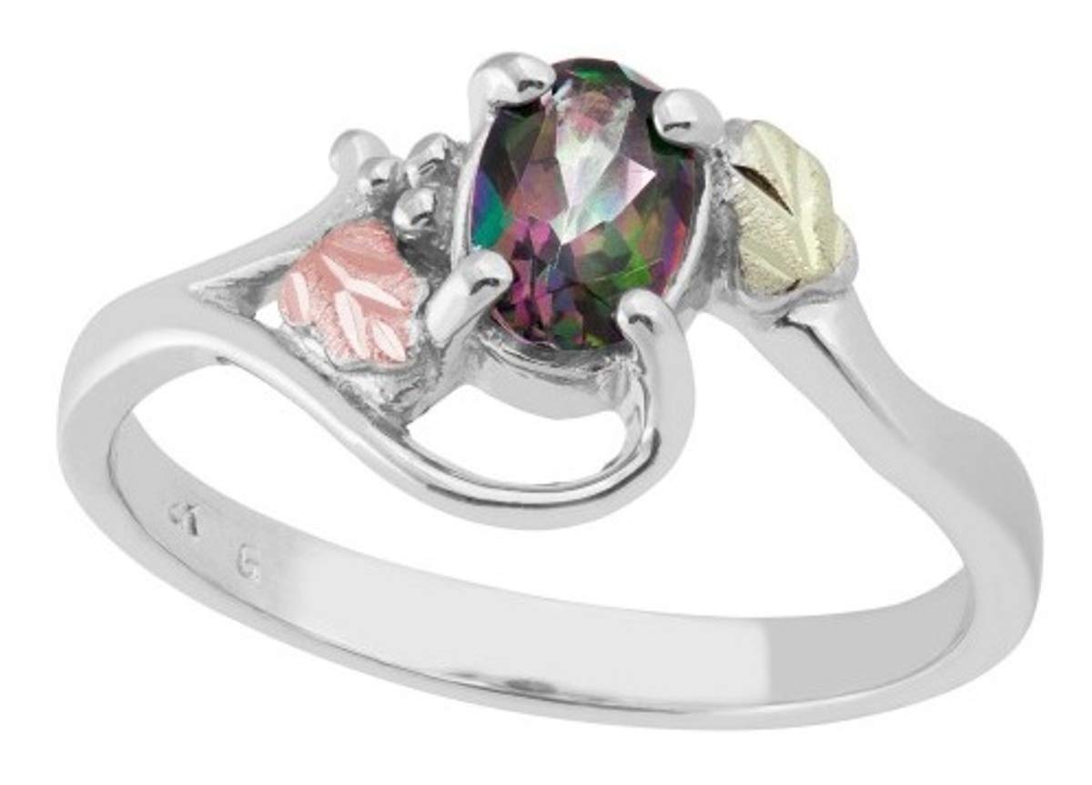 Rhodium-Plated Sterling Silver Small Oval Mystic Fire Topaz Ring, 12k Rose and Green Gold Black Hills Gold, Size 7.5