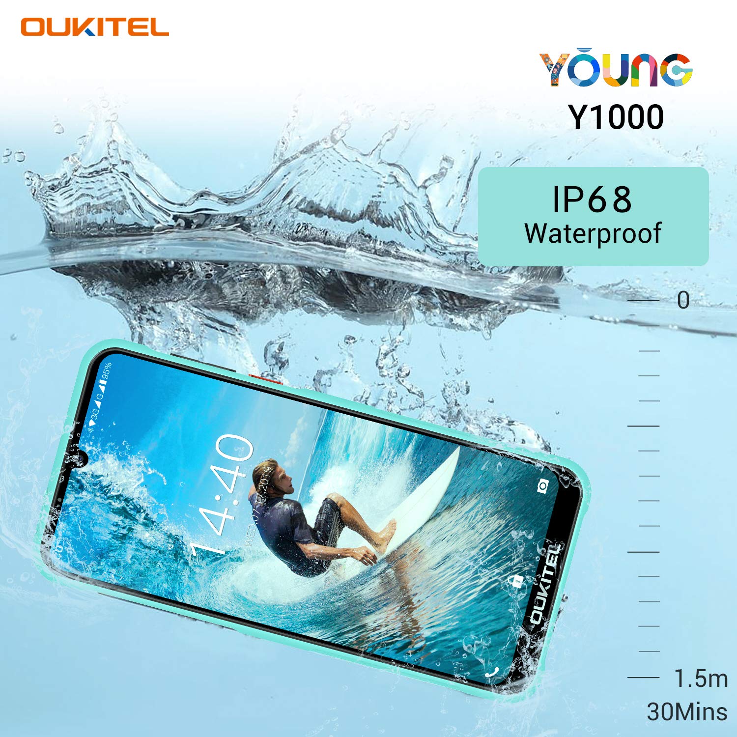 OUKITEL Y1000 Unlocked Phones, Rugged Smartphone Android 9.0 Phones IP68 Waterproof 6.1" 32+2GB/128GB Expandable Face ID&Fingerprint Unlock Dual Sim Phone(Light Blue)
