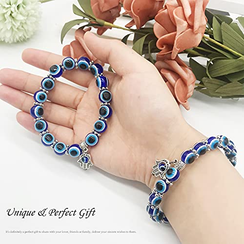 SONNYX 10 PCS Evil Eye Hamsa Blue Beaded Charm Stretch Bracelet Hand of Fatima Turkish Lucky Evil Eye Bracelet for Protection and Blessing 8MM 10MM