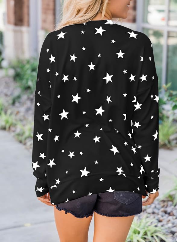 SHEWIN Womens Casual Fashion Crewneck Sweatshirt Loose Star Printed Long Sleeve Tee Shirts Lightweight Soft Oversized Sweatshirts Pullover Tops Shirt,US 12-14(L),Black