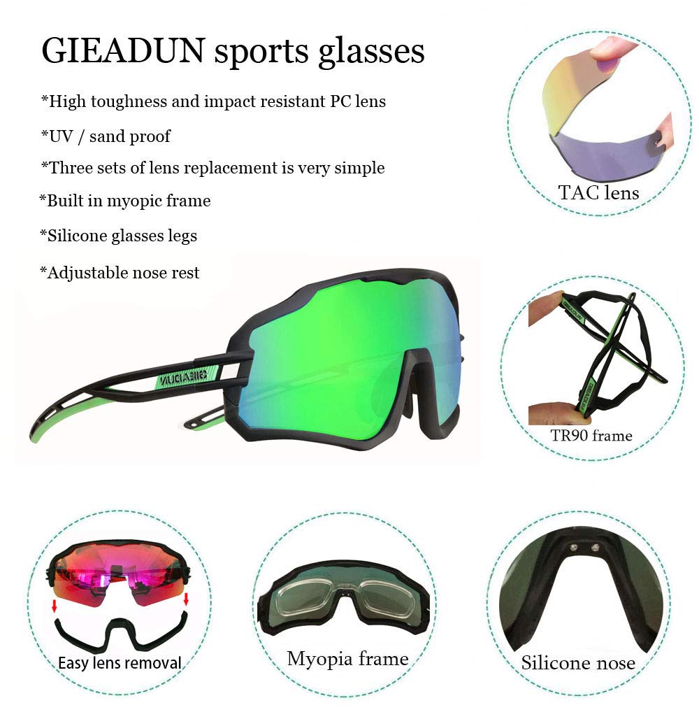 Sports Sunglasses Cycling Glasses Polarized UV400 fFishing, Ski Running,Golf (All black and green)