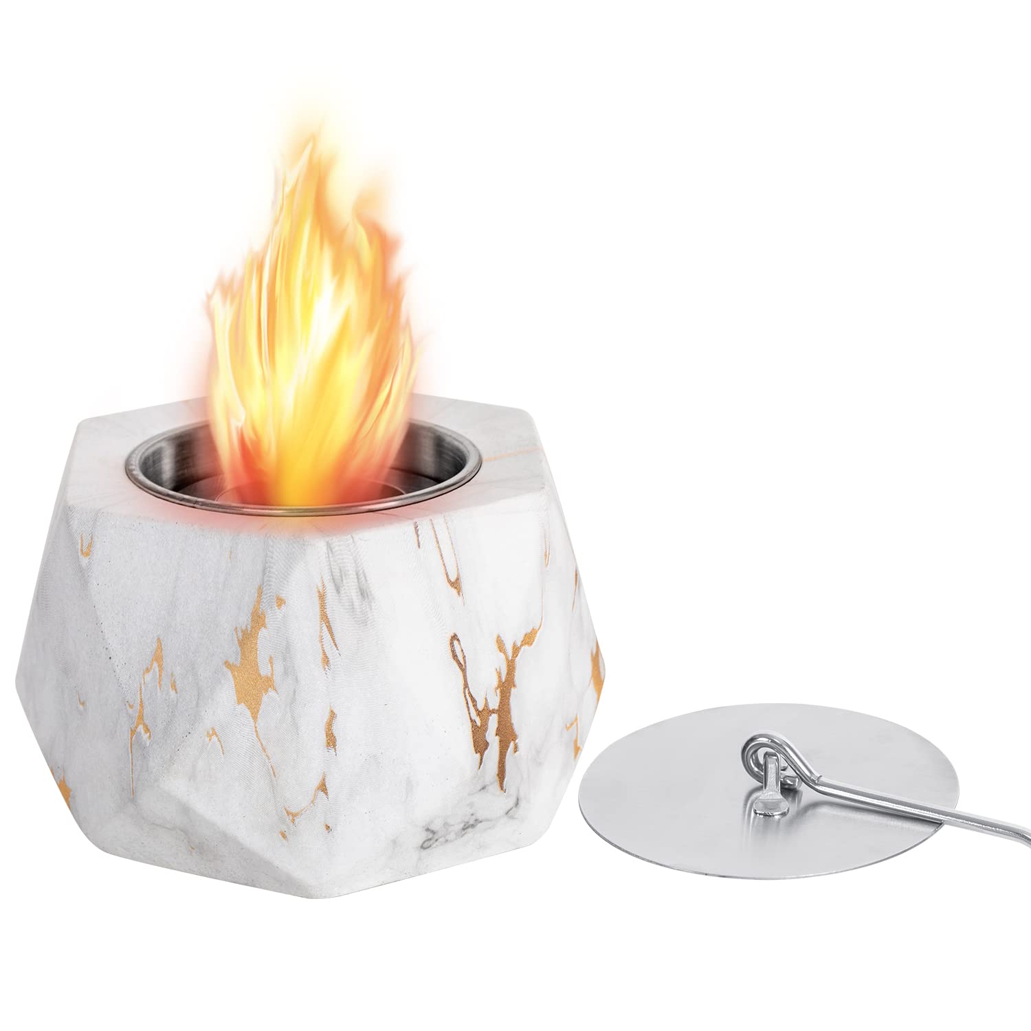 NALONE Tabletop Fire Pit Bowl, Table Top Firepit Indoor Outdoor, Portable Mini Fire Pit with Stainless Steel Burn Cups & Extinguisher, Personal Fireplace for Parties and Gifts (White-Hexagonal)
