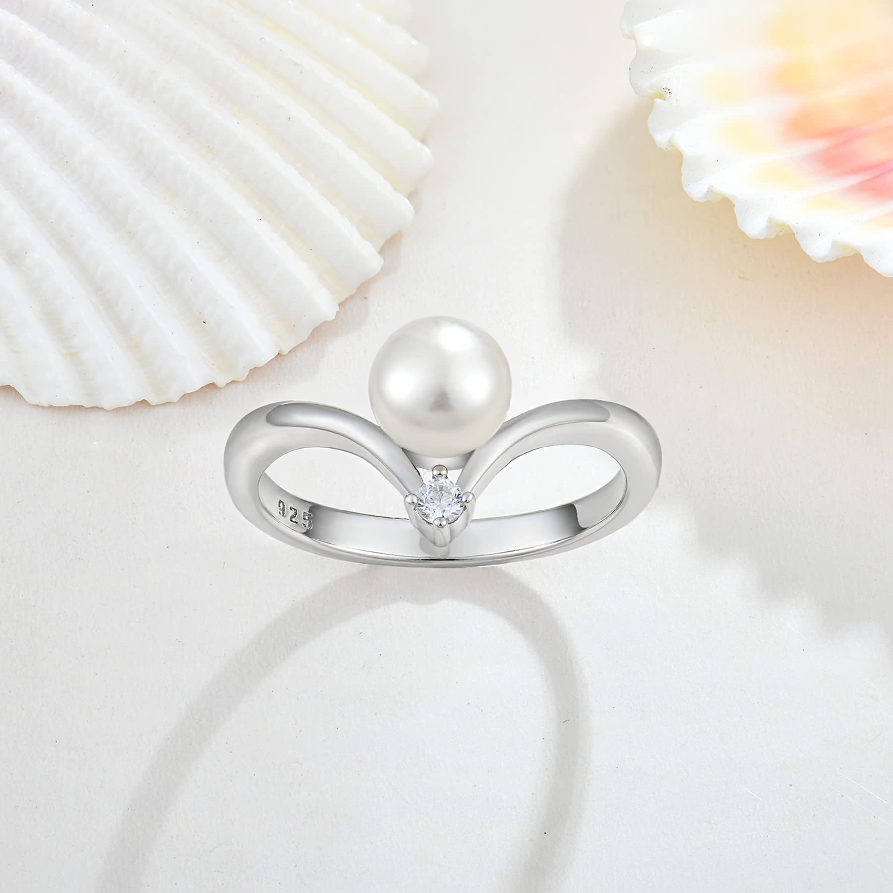 STARCHENIE Pearl Ring for Women Sterling Silver,7mm Cultured Freshwater Pearl Cubic Zirconia Ring Sterling Silver size6